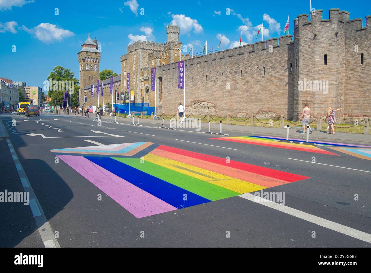Cardiff, Castle Road with Pride Flag Crosswalk on Sunny day Stock Photo ...