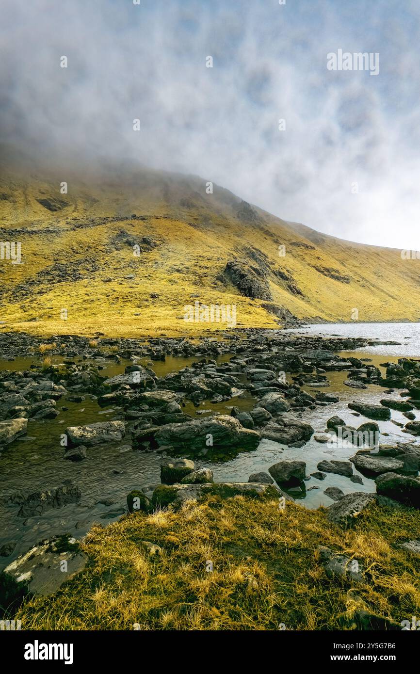A steep hillside covered in green vegetation with dark rocks jutting ...
