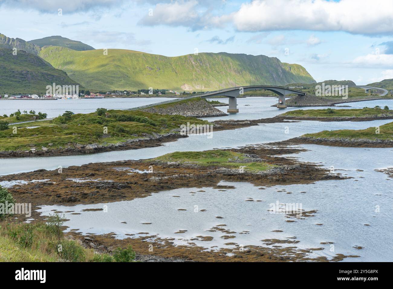 Swamp lakes with road and high bridges throuh them, Lofoten Norway ...