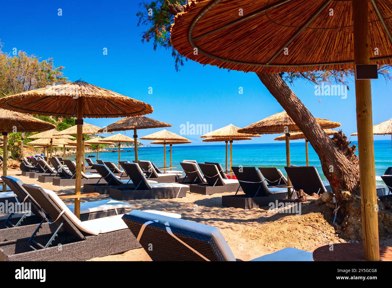 Summer beach scene with sunbathers and umbrellas in Zakynthos, Porto ...