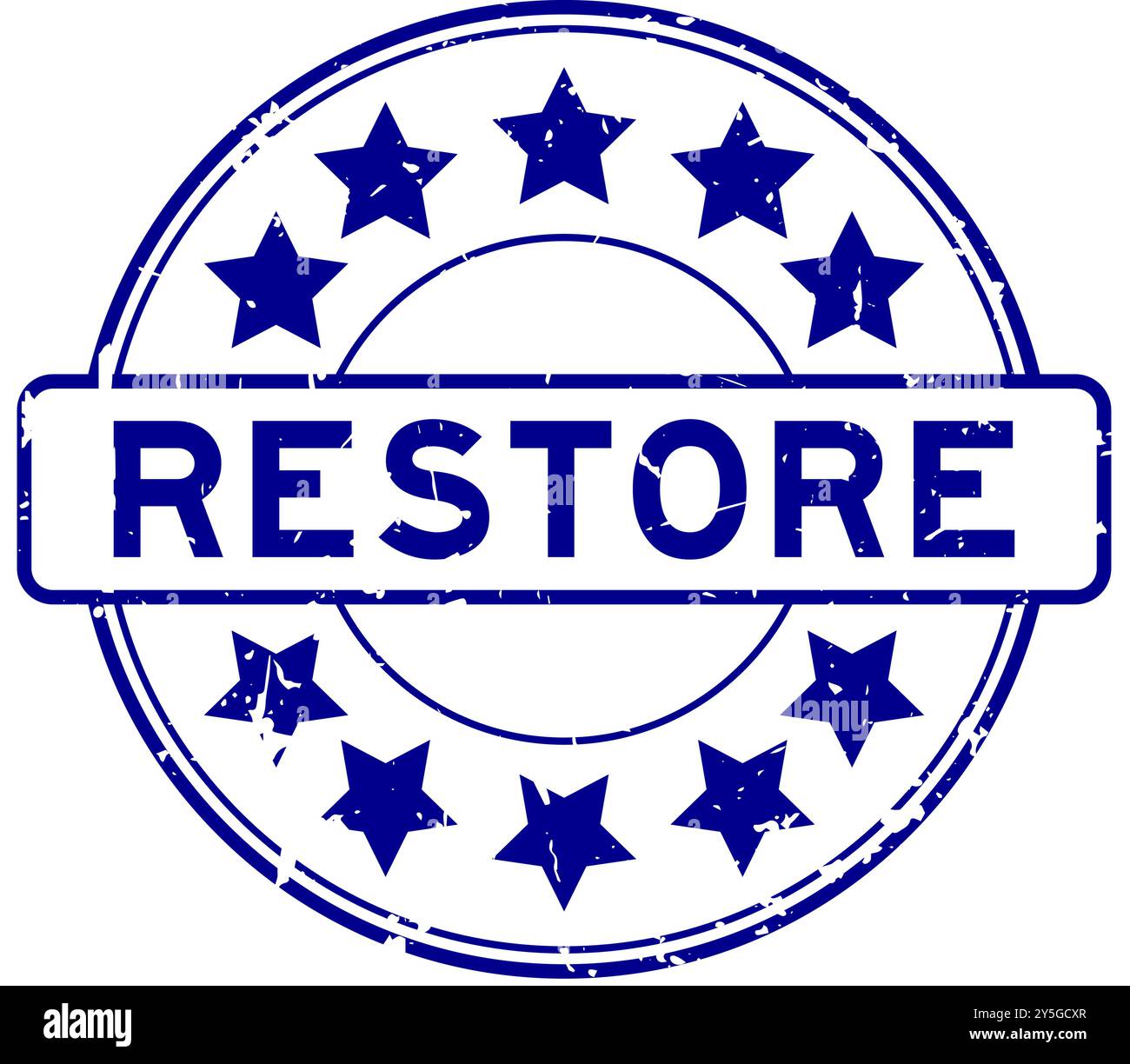 Grunge blue restore word with star icon round rubber seal stamp on ...