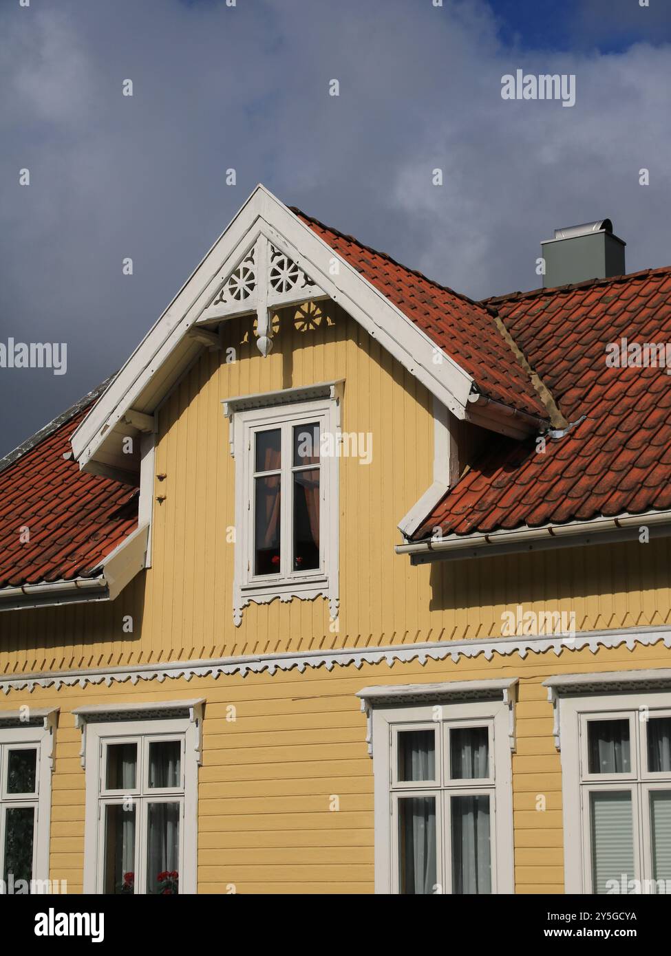 Beautiful ornated gable of a timber house in Egersund, Norway Stock ...
