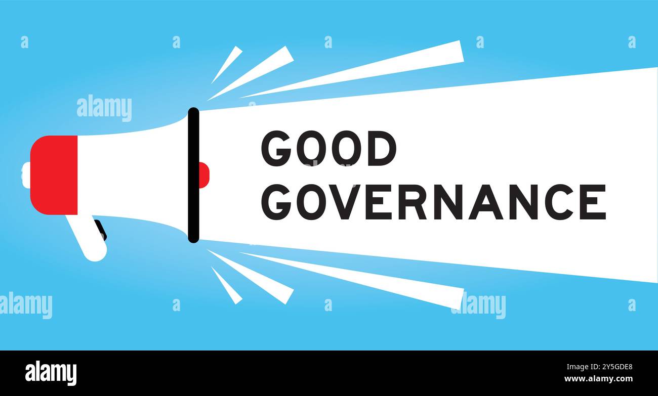 Color megaphone icon with word good governance in white banner on blue ...