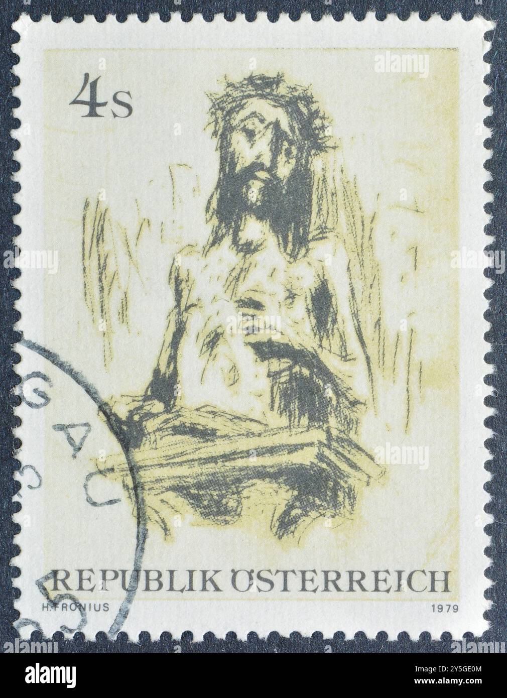 Cancelled postage stamp printed by Austria, that shows "Merciful Christ ...