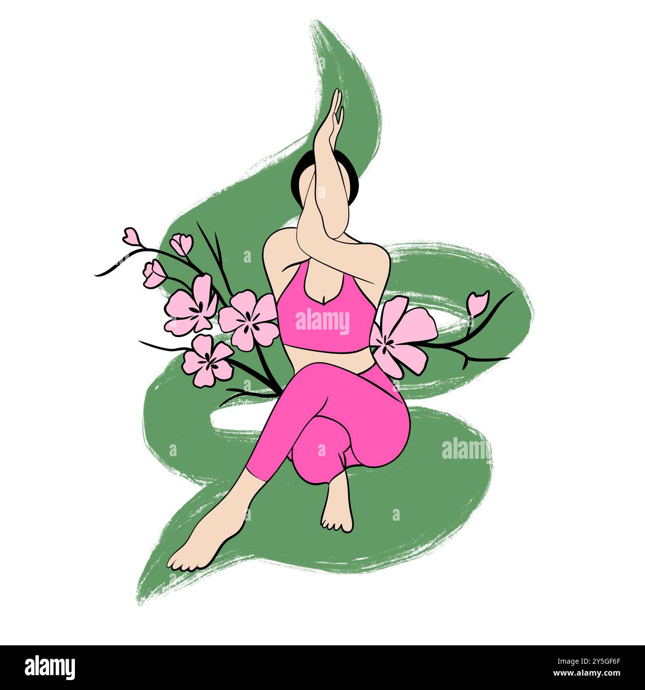 Young woman in yoga pose with leaves, pilates stretching training ...