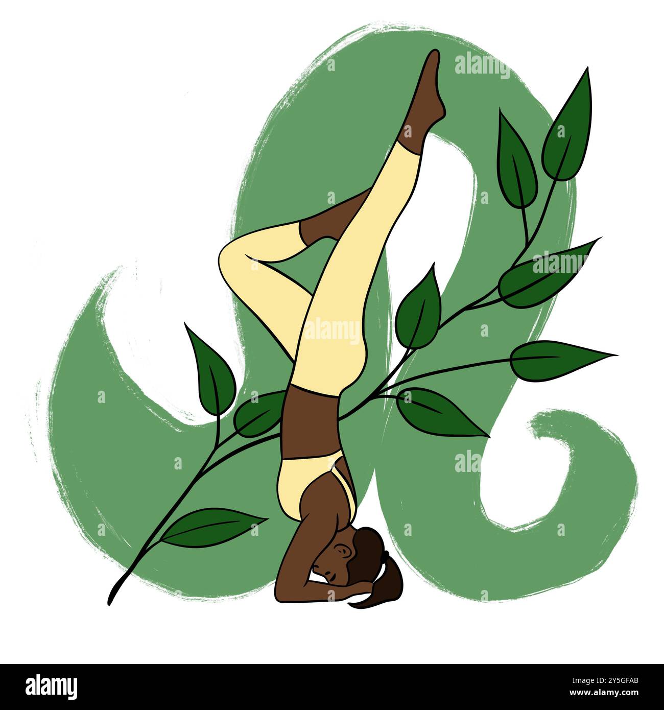 Young woman in yoga pose with leaves, pilates stretching training ...