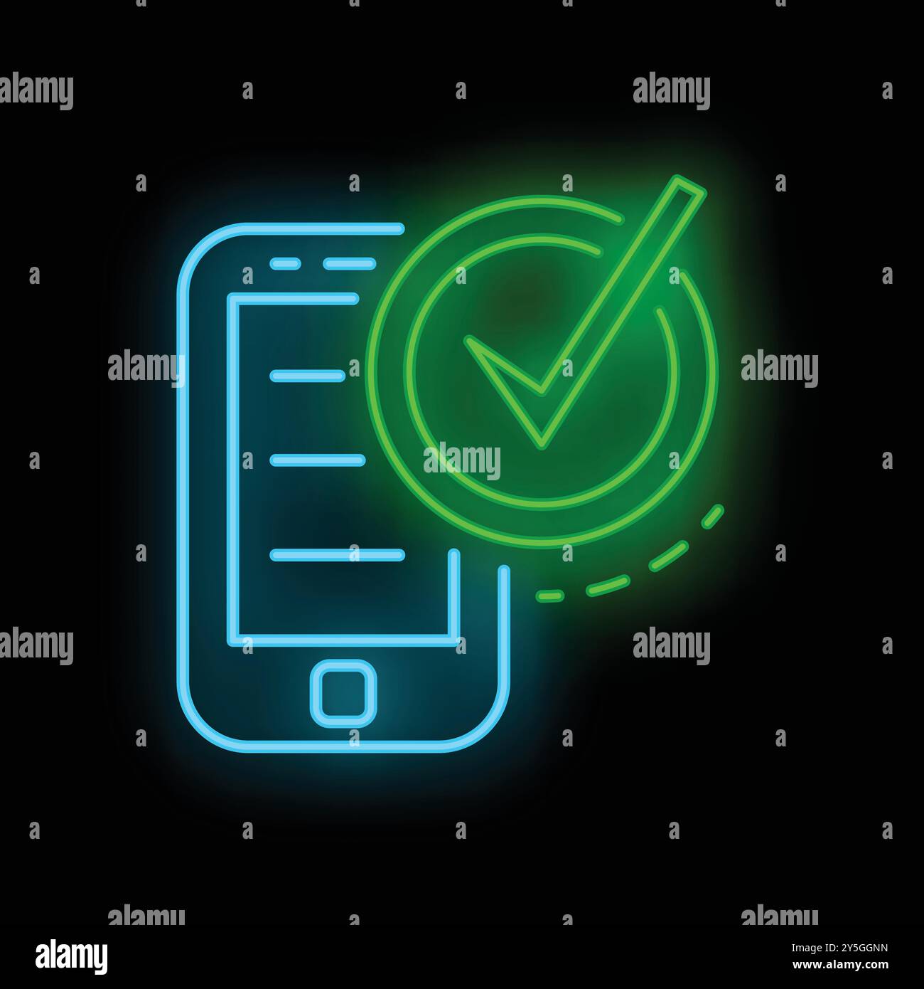 Neon sign showing a mobile phone validating data with a check mark ...