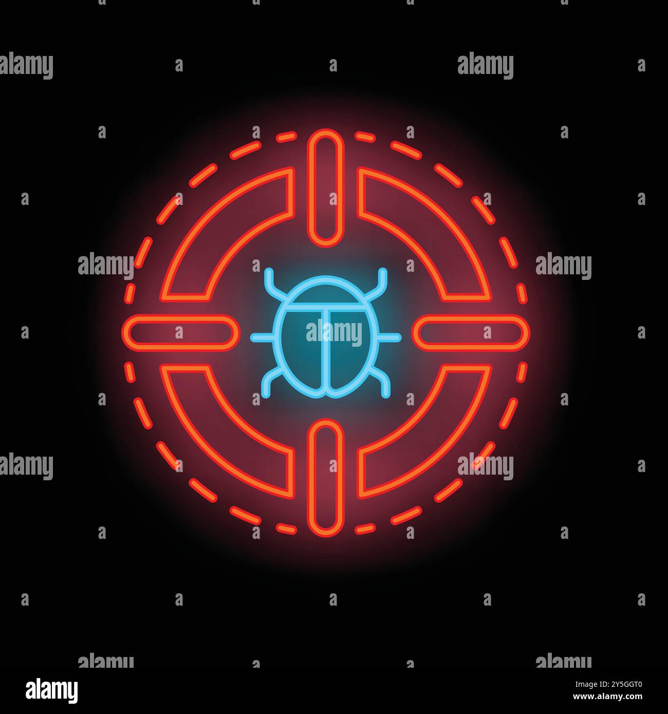 Neon sign of a blue bug inside a red crosshair on a black background ...