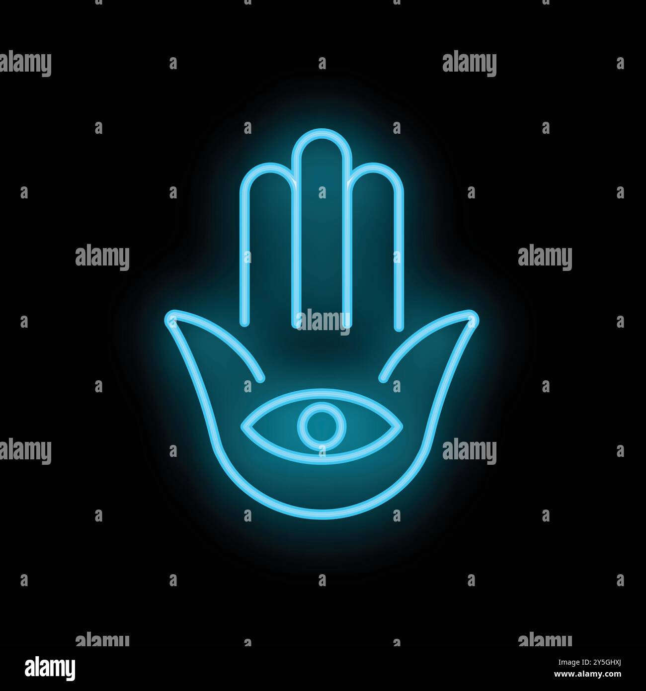 Glowing neon hamsa hand sign with an eye in the center, a symbol of ...