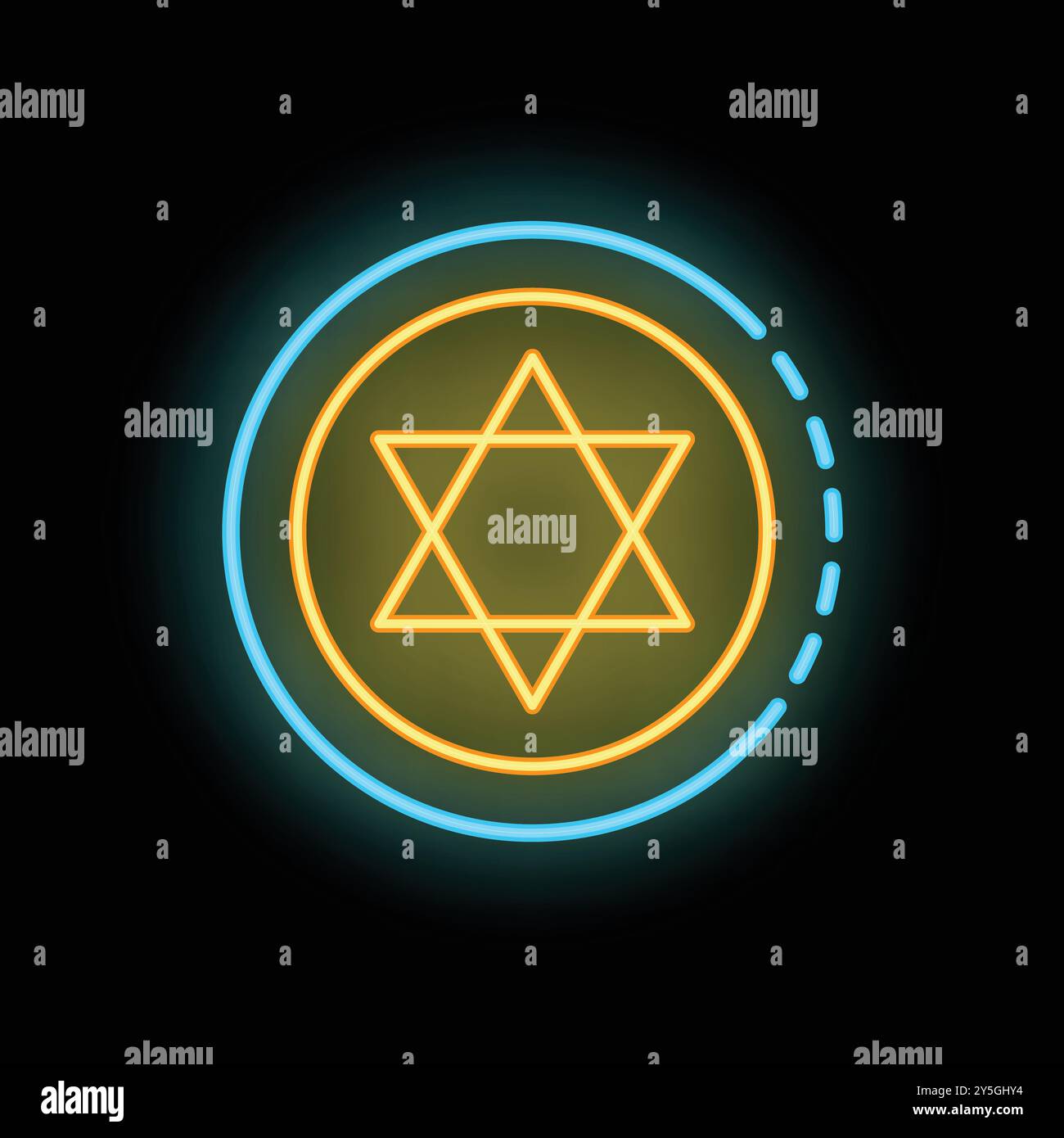 Bright neon sign depicting the star of david shining on a black ...