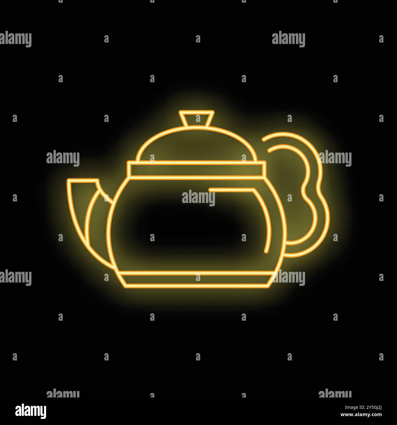 Yellow neon sign of a steaming teapot, isolated on black background ...