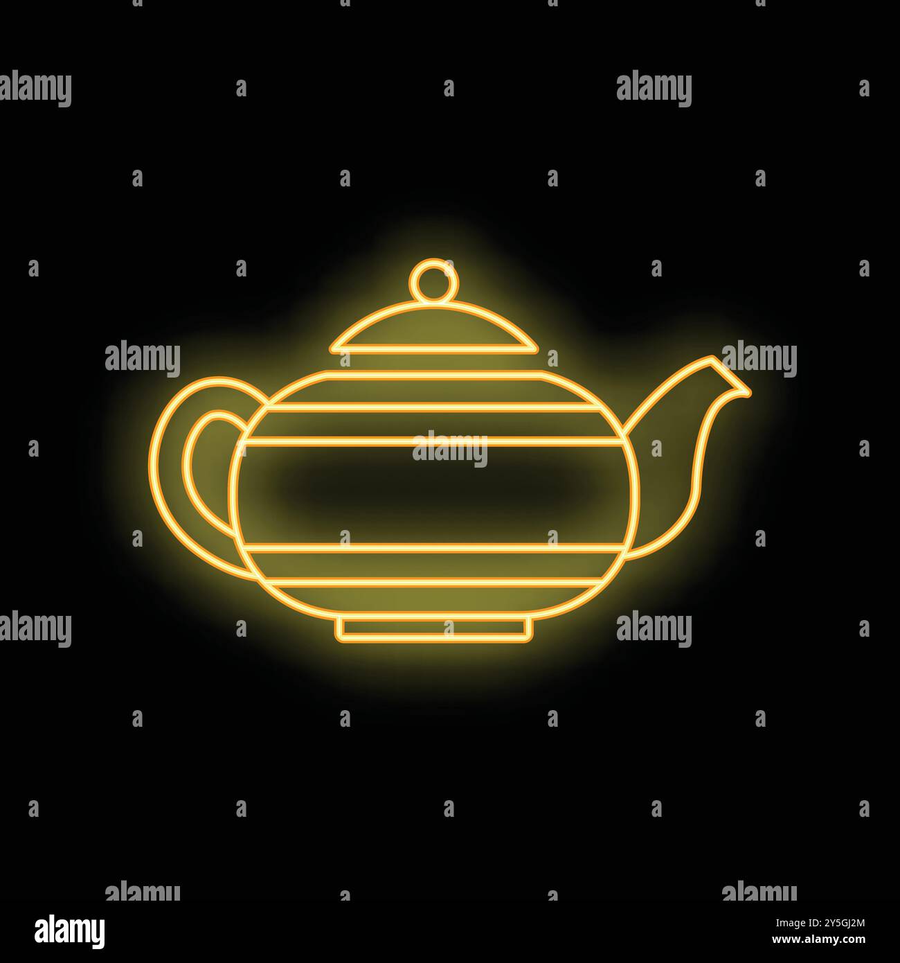 Yellow neon sign of a classic teapot with stripes, glowing on a black ...