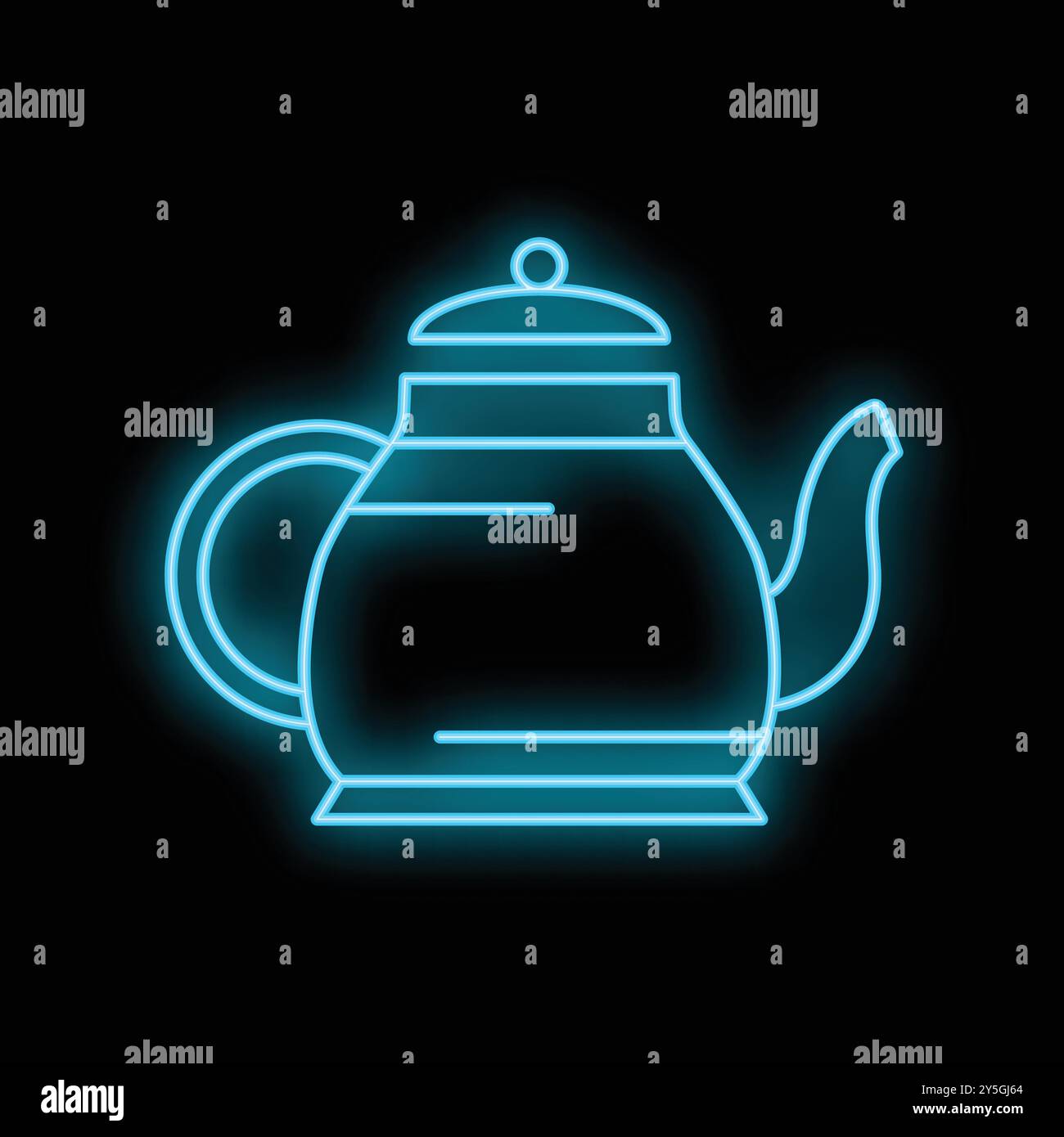 Blue neon sign in the shape of a teapot, glowing on a black background ...