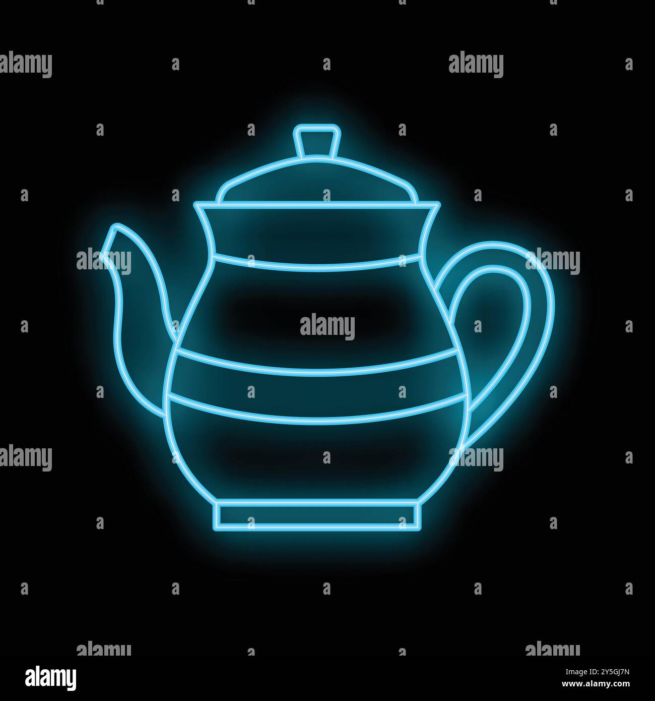 Blue neon sign of a teapot glowing on black background, concept for tea ...