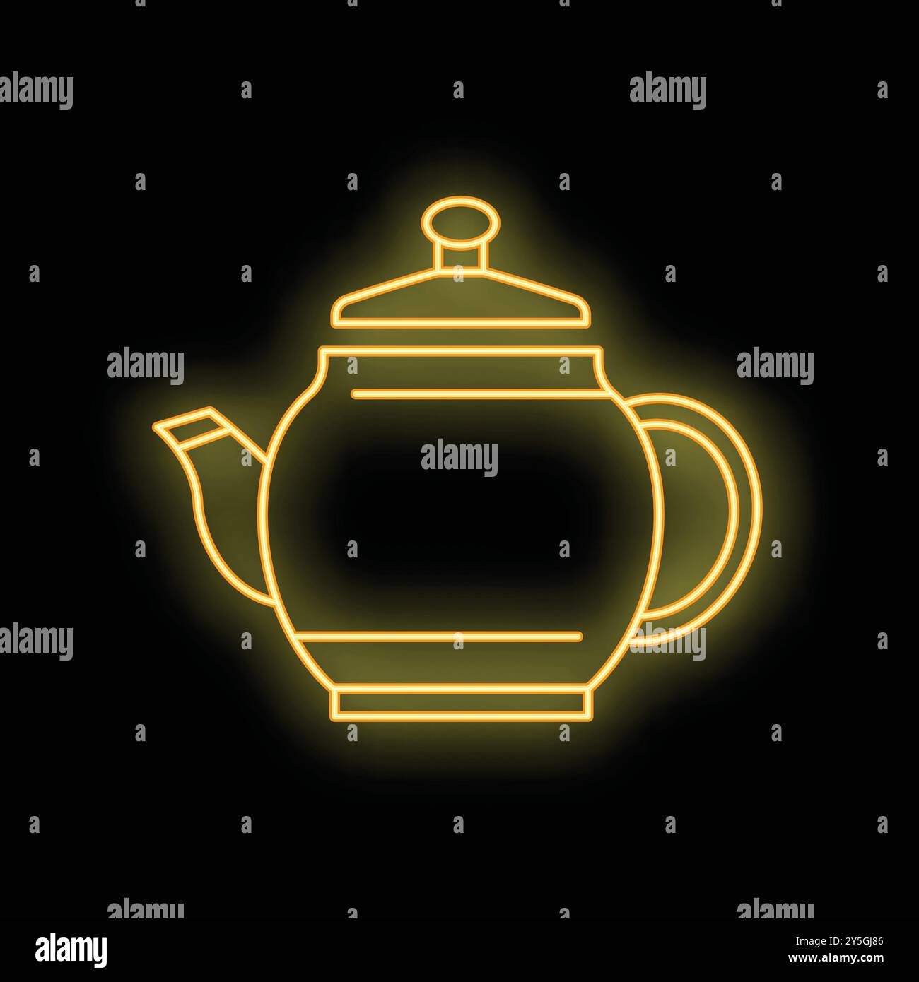 Yellow neon sign representing a teapot, glowing on a black background ...