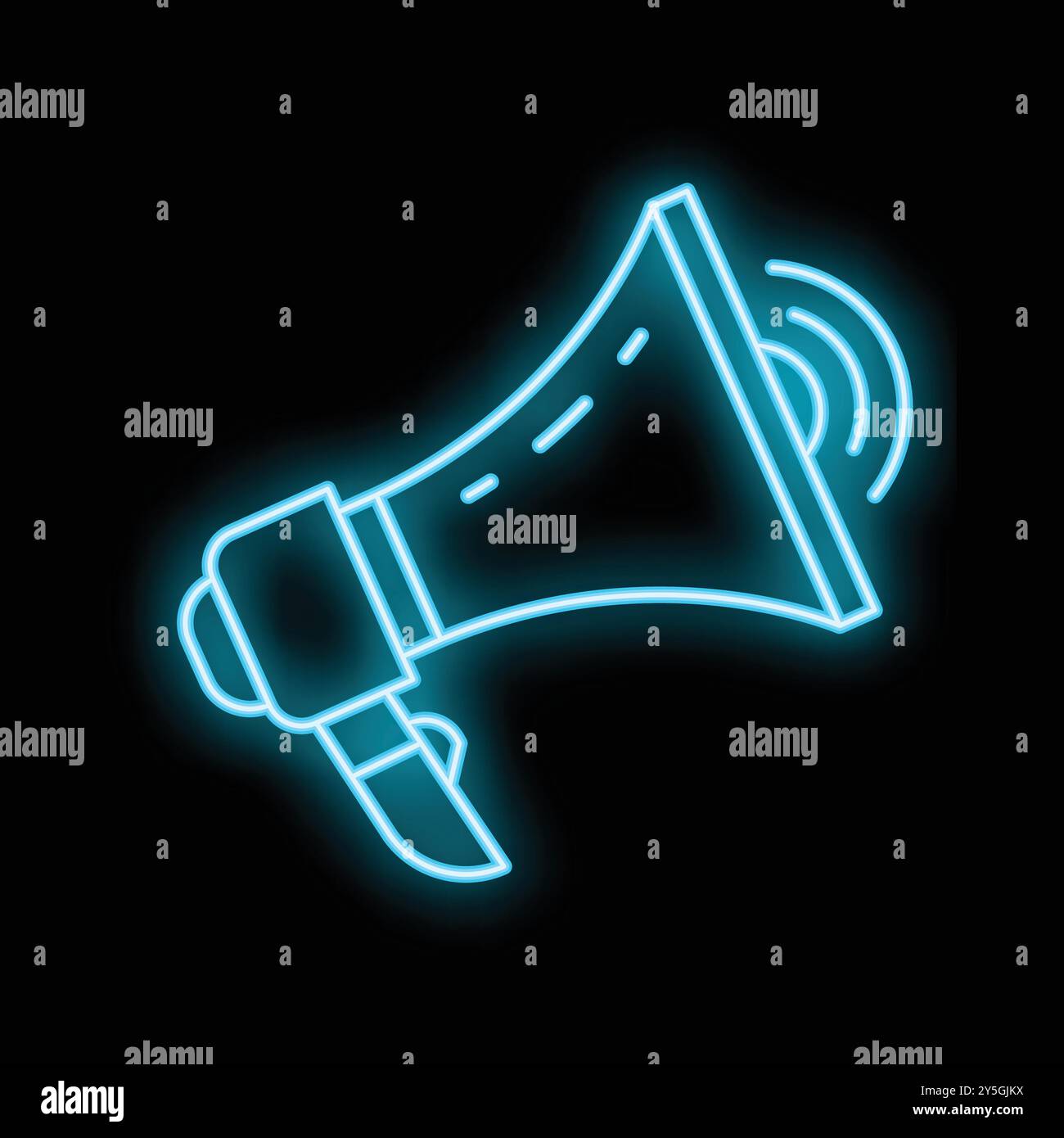Blue neon megaphone glowing on dark background representing ...