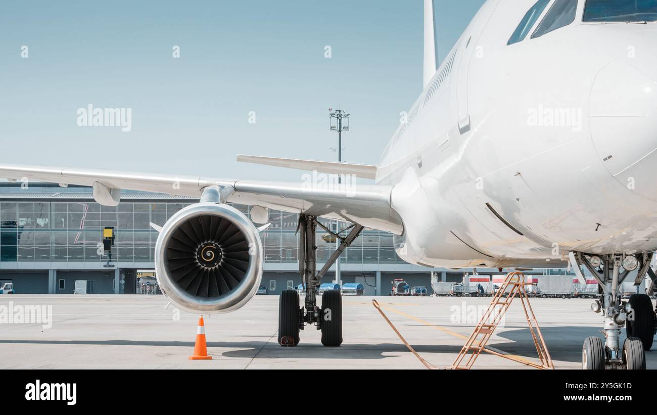 Front view of passenger aircraft - right side. Close-up view of white ...