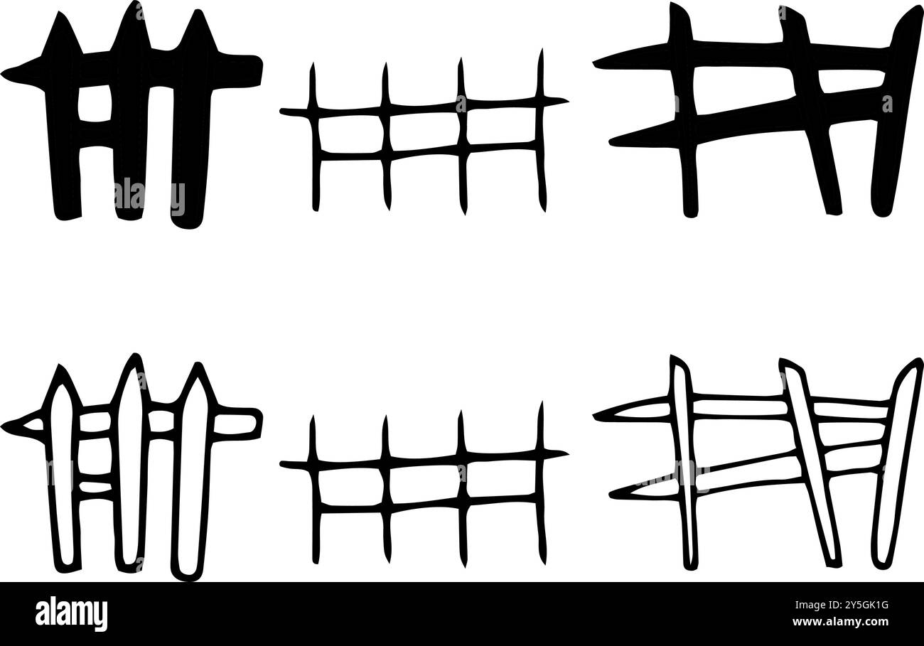 Various fence designs in graphic minimalist style. Black outline in ...