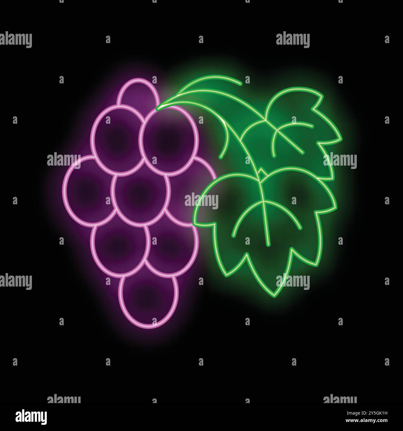 Neon sign illustrating bunch of grapes with leaves, glowing in purple ...