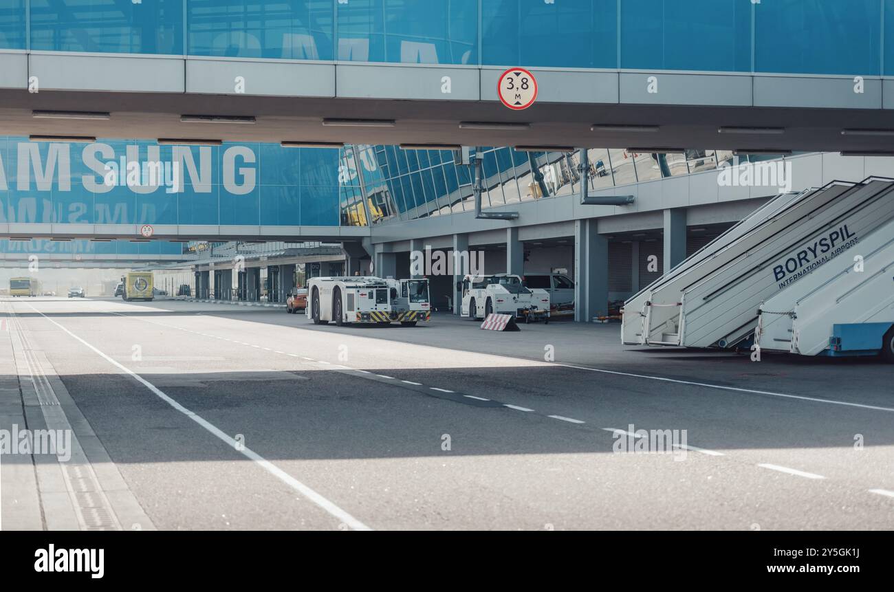 Airport terminal gates. Perspective view of long airport terminal with ...