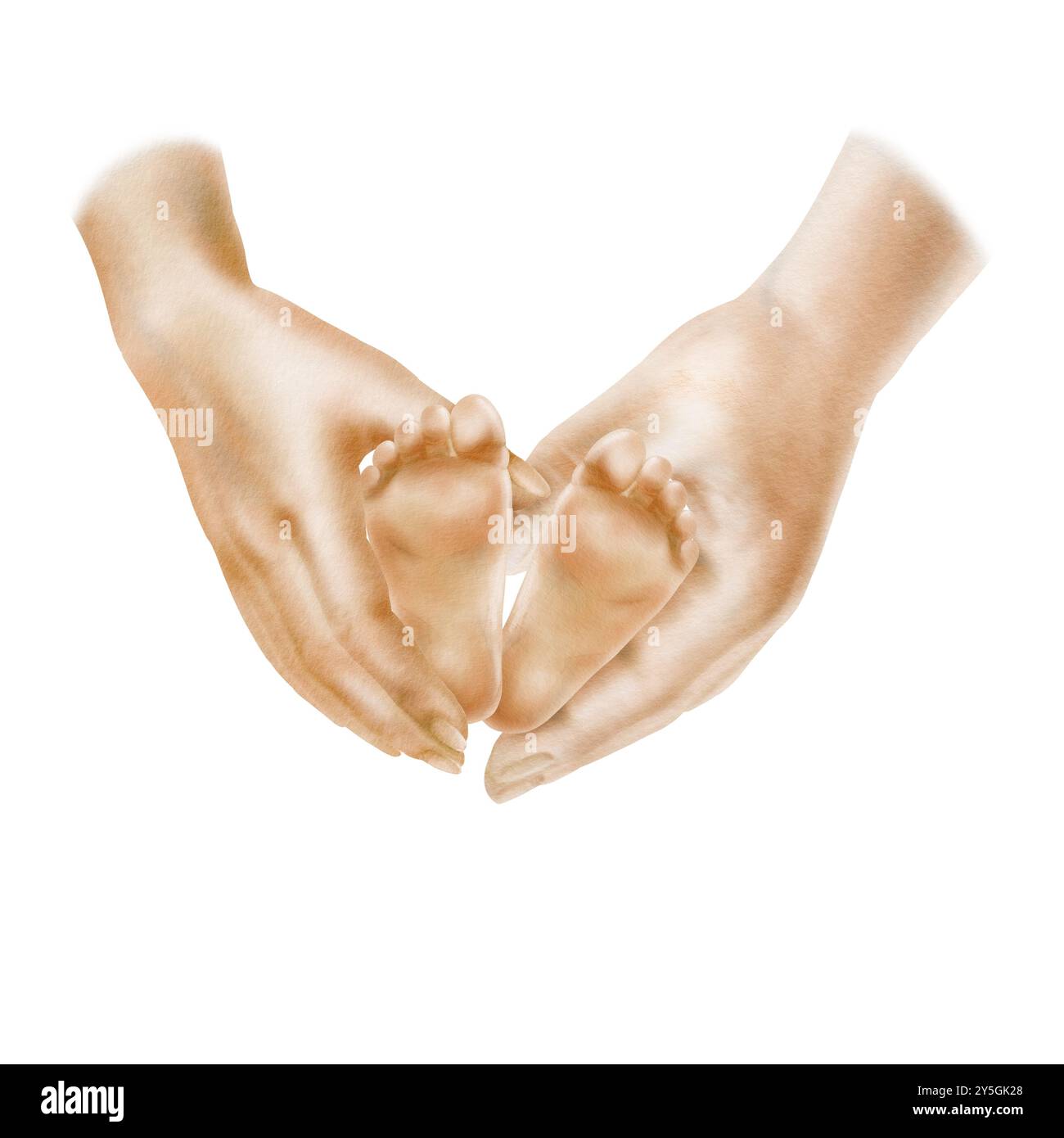 Male and female hands in heart shape holding legs of newborn baby as a ...