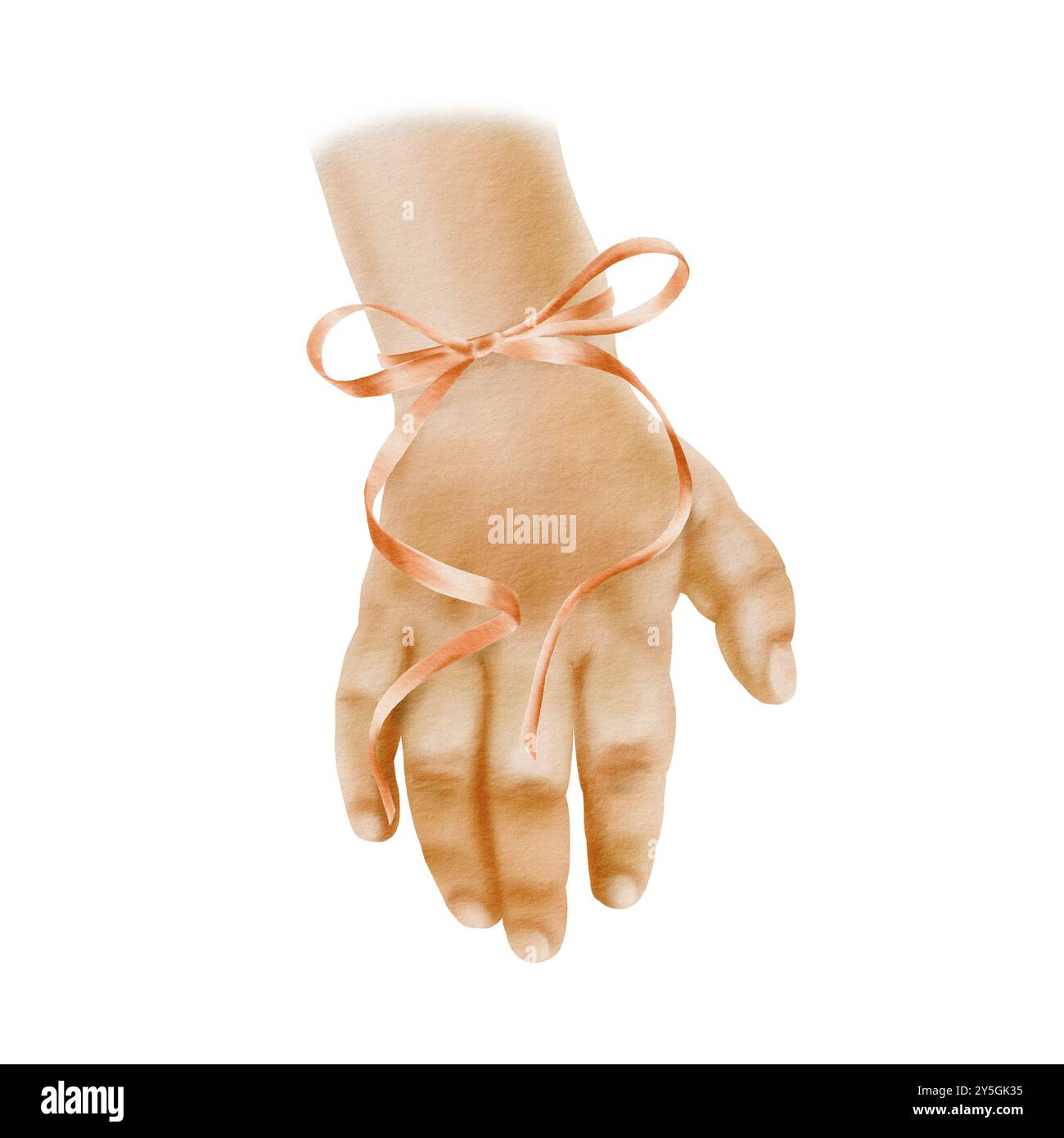 Baby's hand in touching gesture with red silk ribbon.Watercolor ...