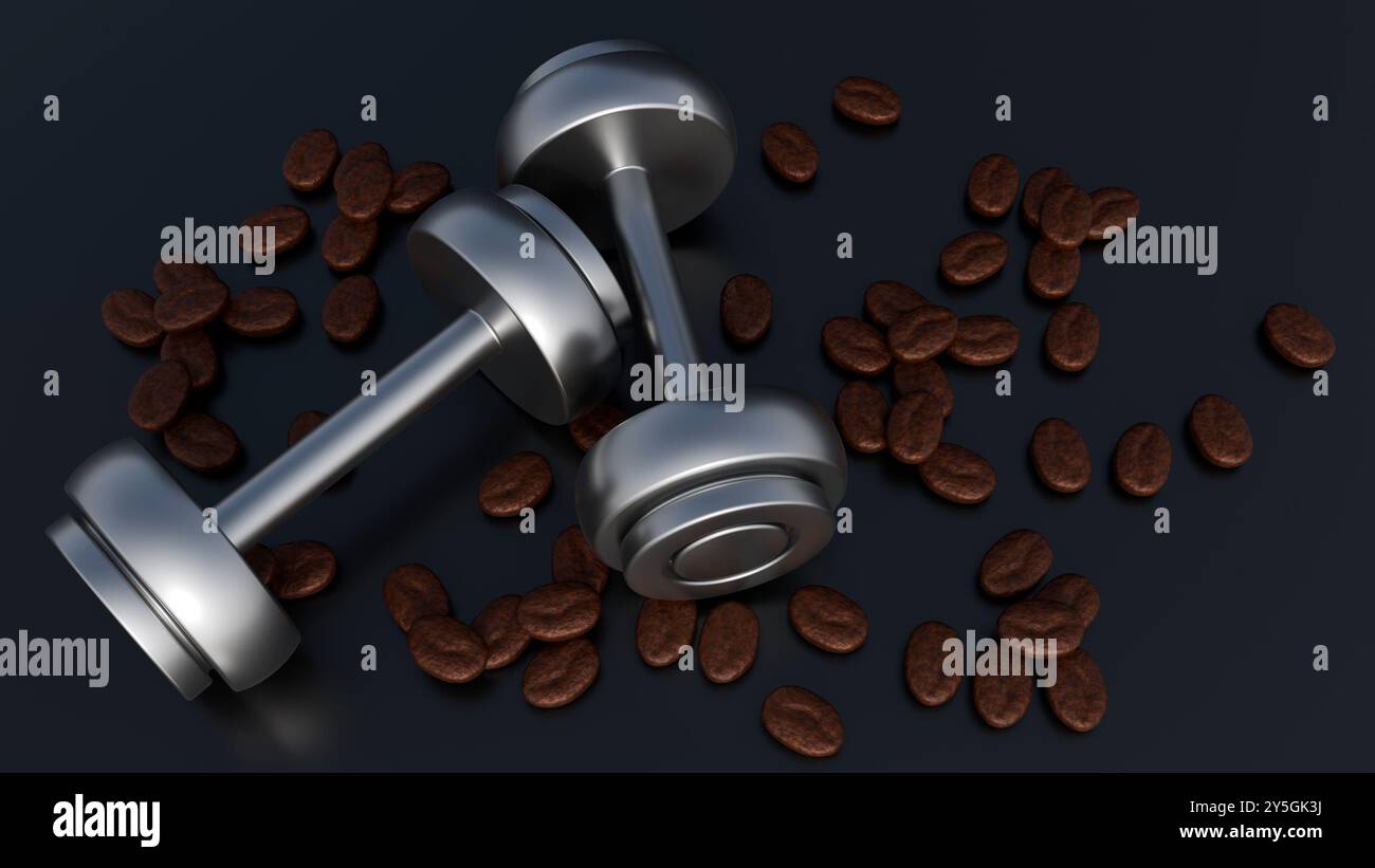 3d rendering of coffee beans and dumbbell, caffeine can enhance ...
