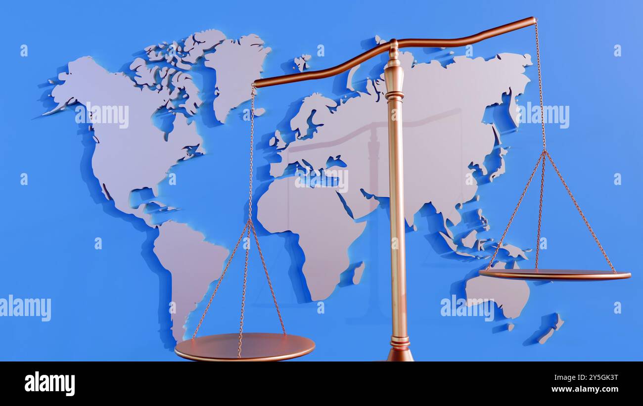 3d rendering of bronze scales balanced against a backdrop of a world ...