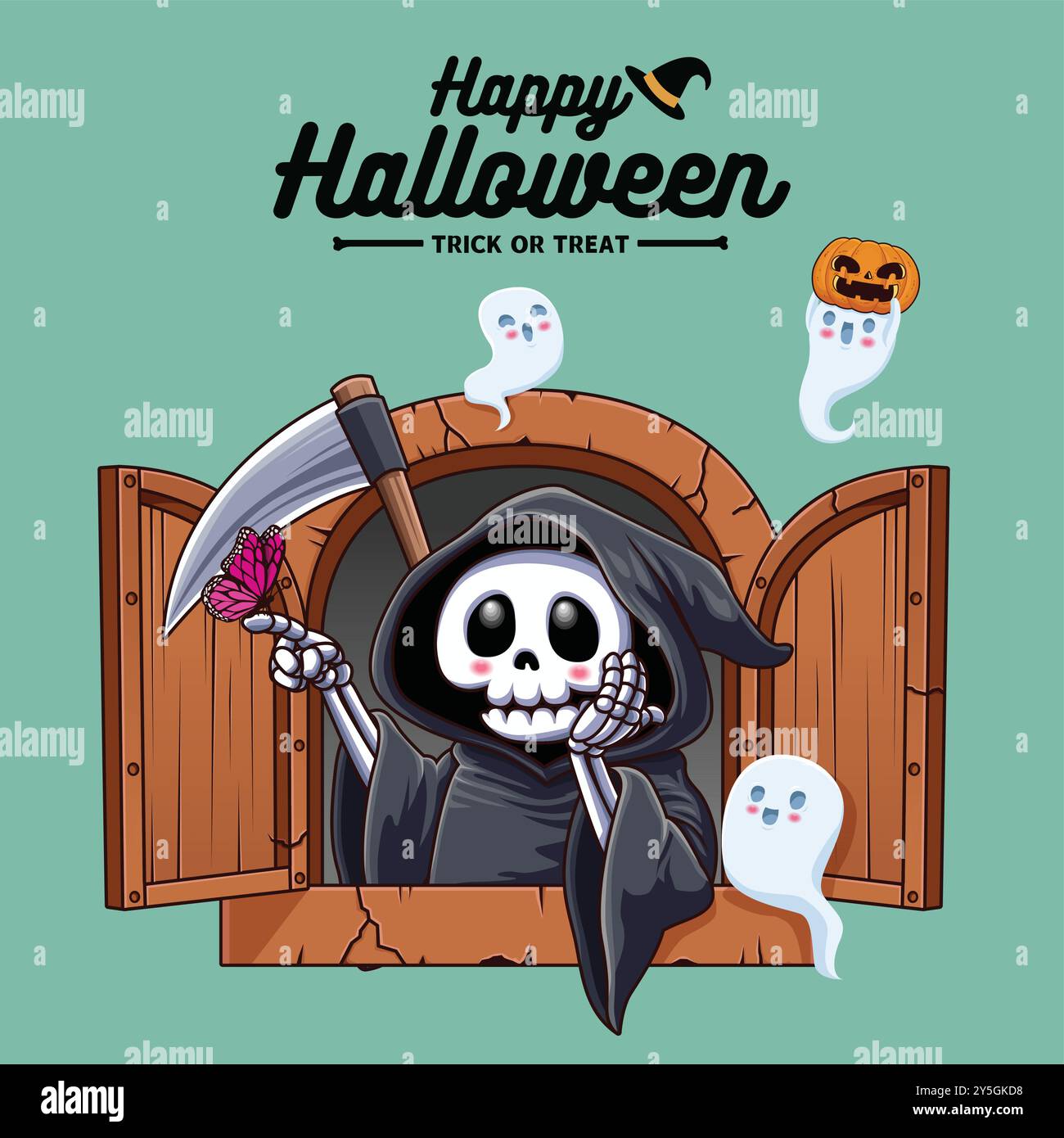 Vintage Halloween poster design with vector reaper, ghost character ...