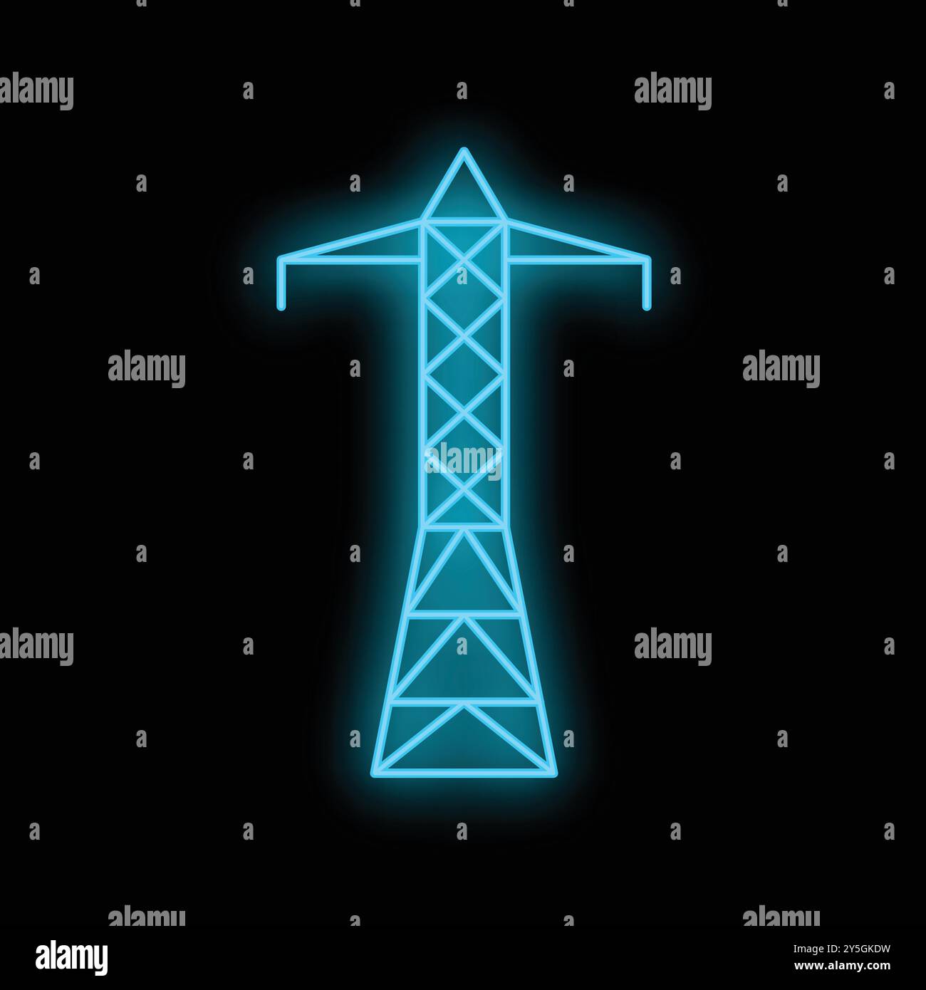 Blue neon sign of electricity pylon glowing on black background Stock ...