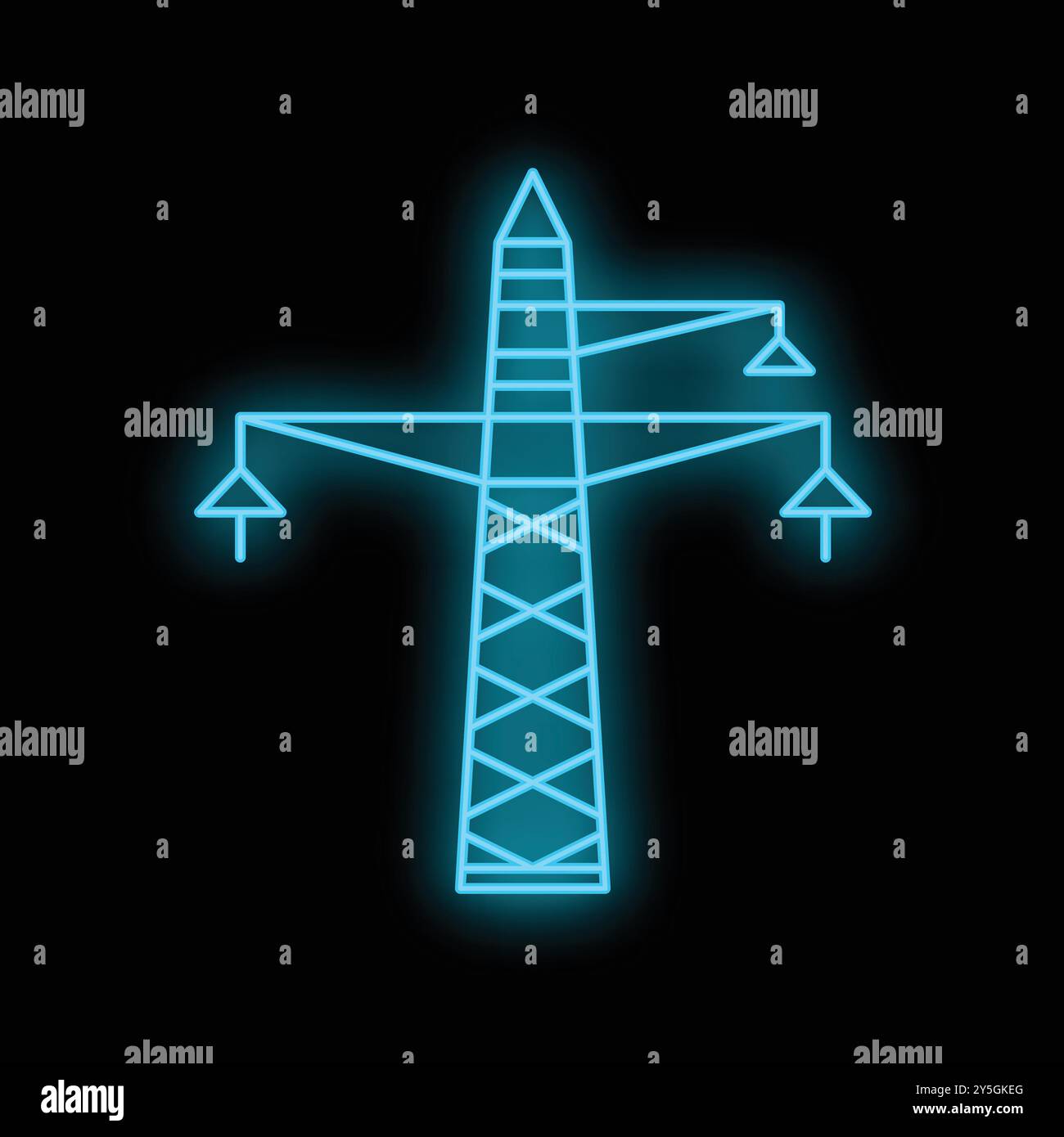 Neon blue icon of electric power transmission lines pylon glowing on ...