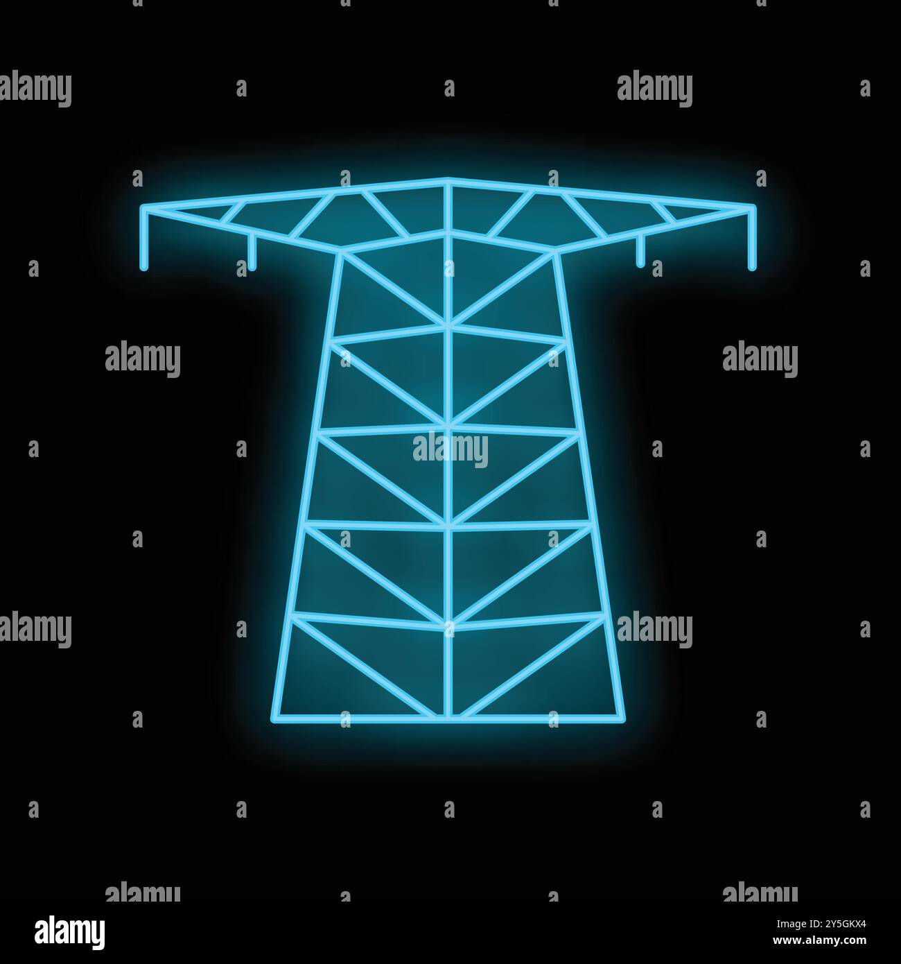 Neon sign representing a power line tower glowing on a black background ...