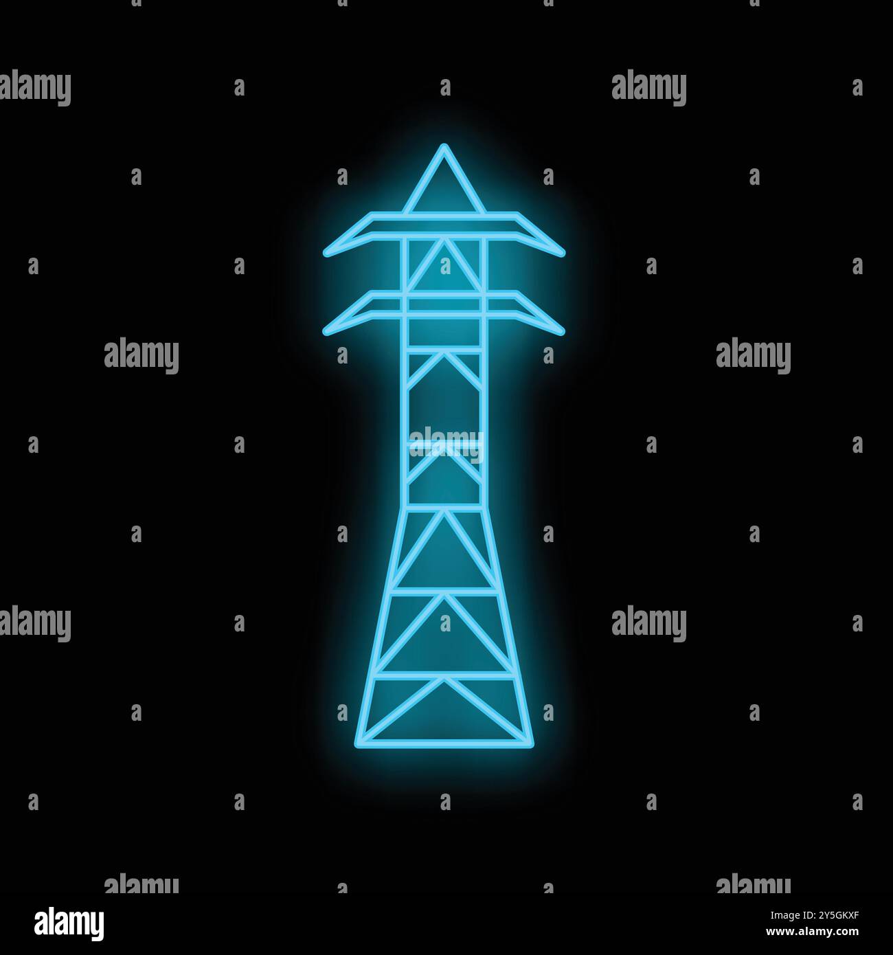 Blue neon icon of an electric power transmission tower glowing on a ...