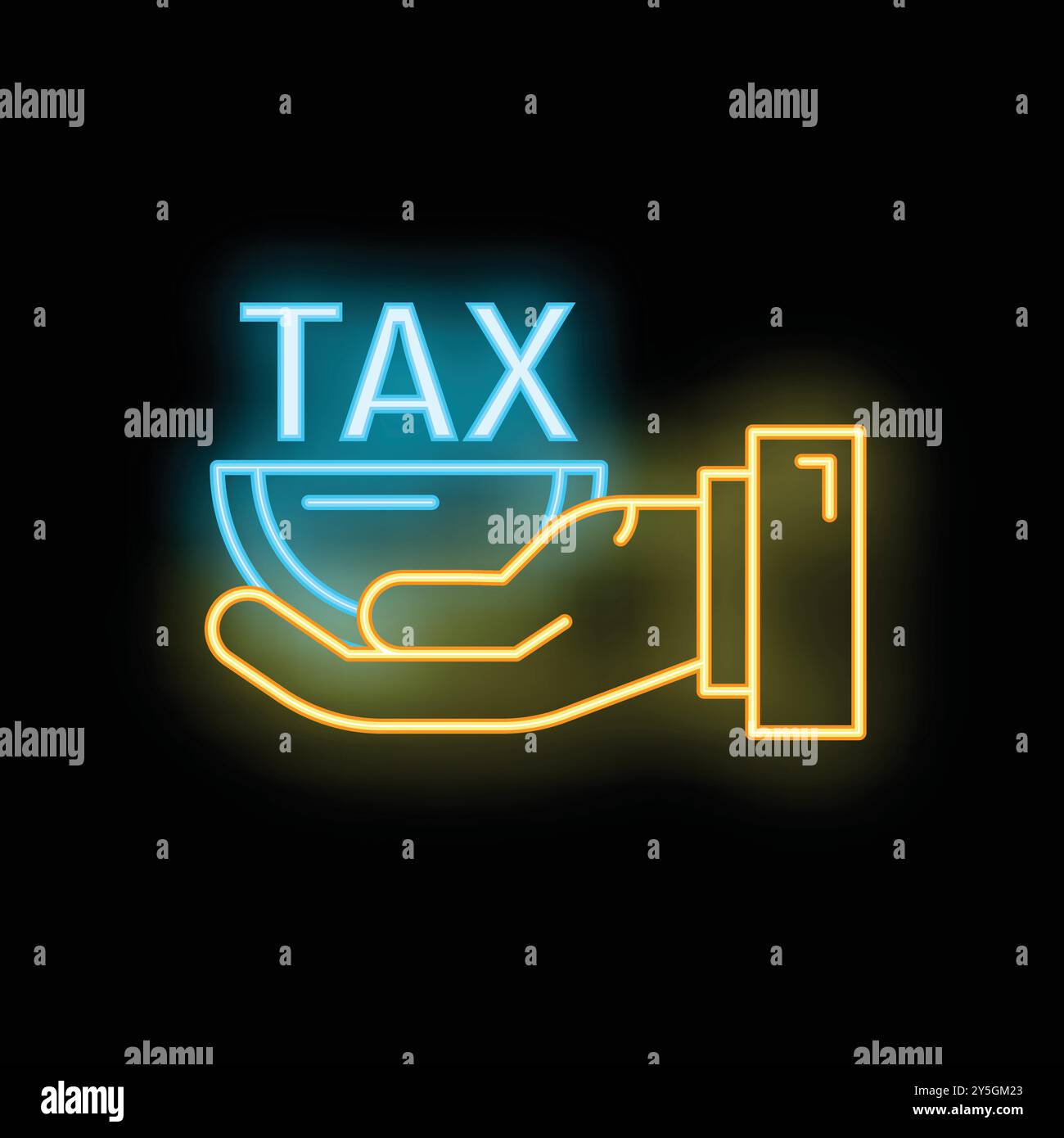 Neon sign concept of a businessman holding a tax sign over a bowl ...