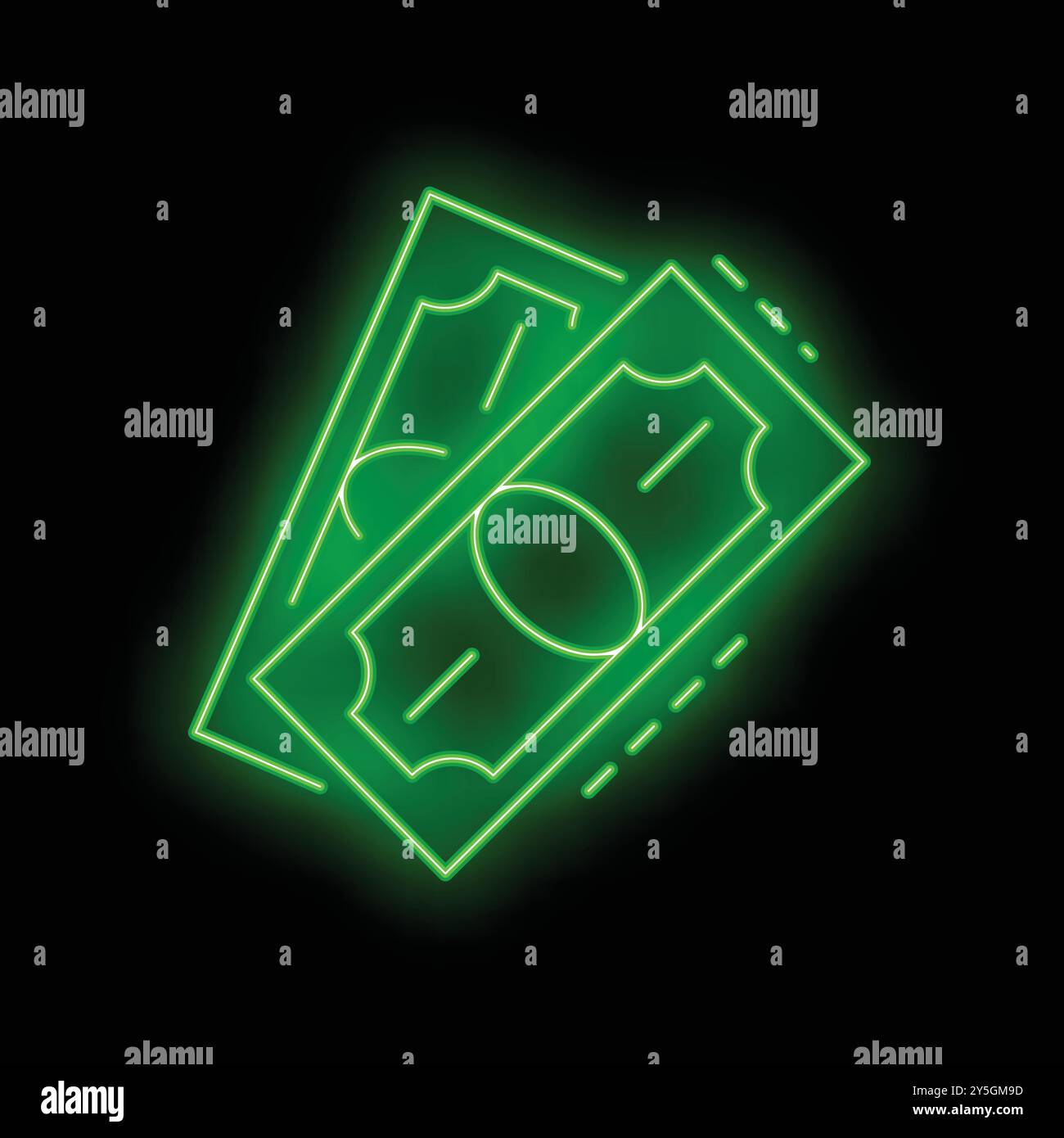 Green neon sign representing two banknotes, symbolizing wealth, profit ...