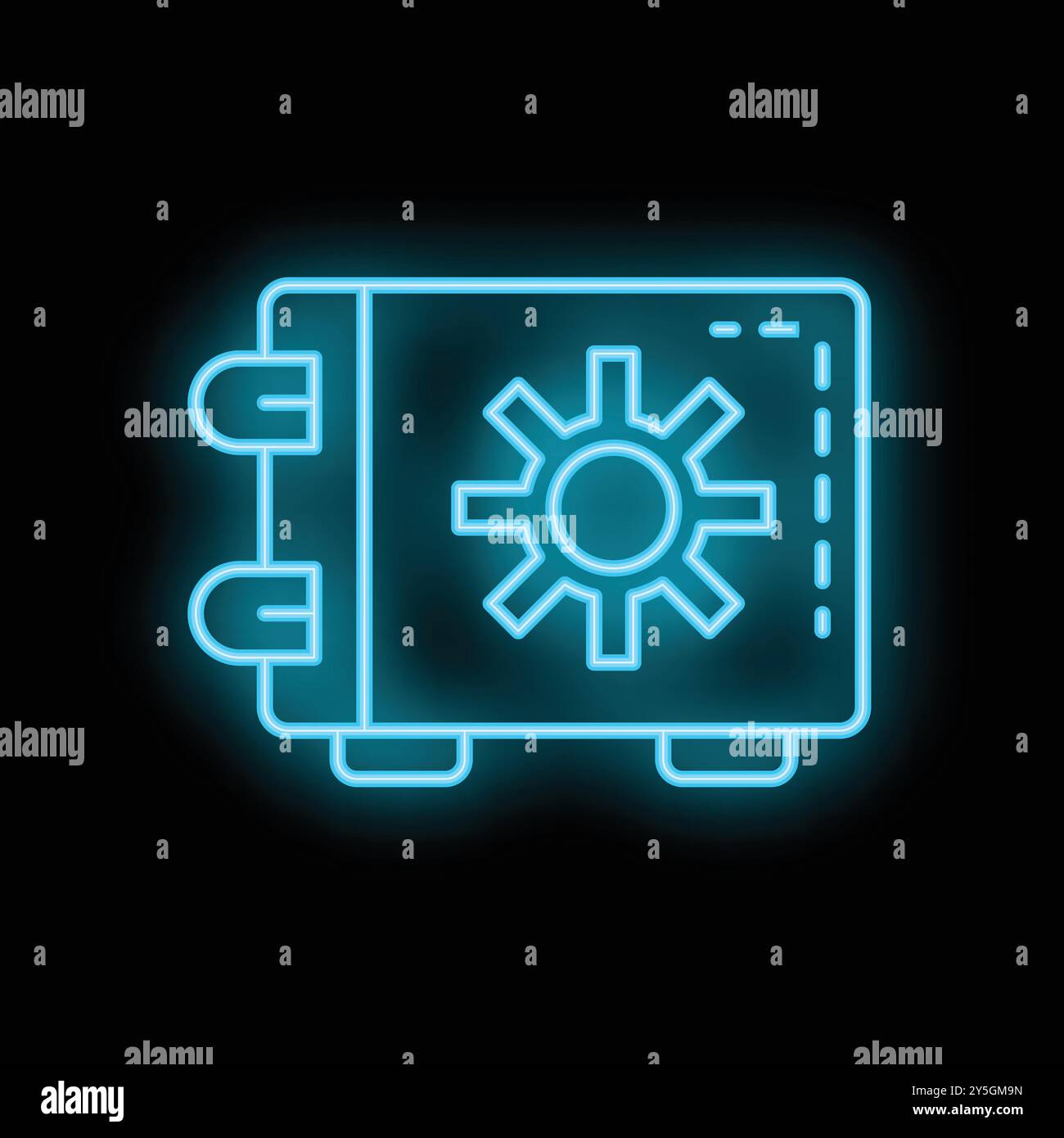 Glowing neon line safe with settings sign on black background icon ...