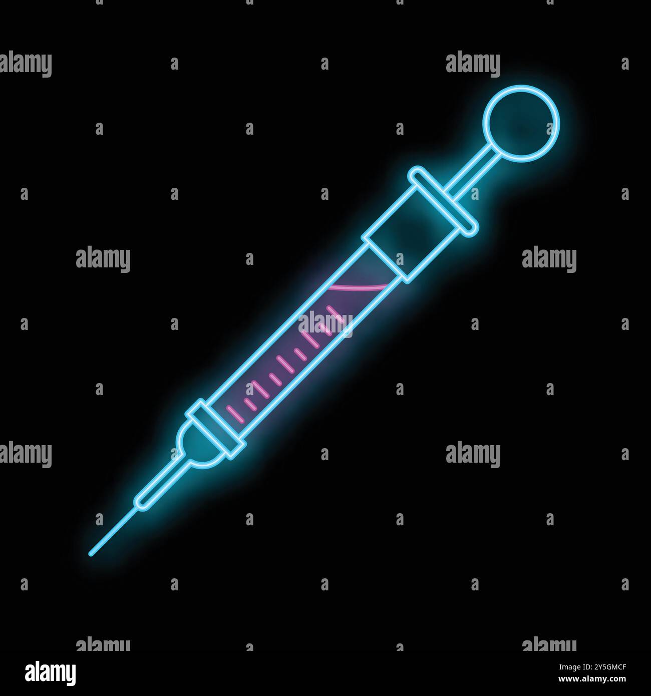 Neon syringe is glowing with pink liquid inside on a black background ...