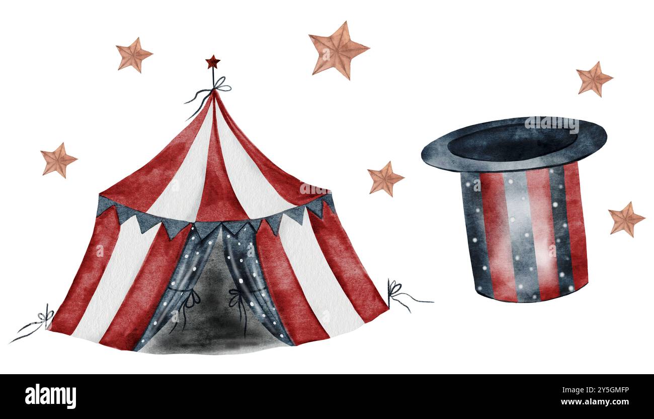 Circus cute set watercolor. Hand drawn circus tent and magician hat on ...