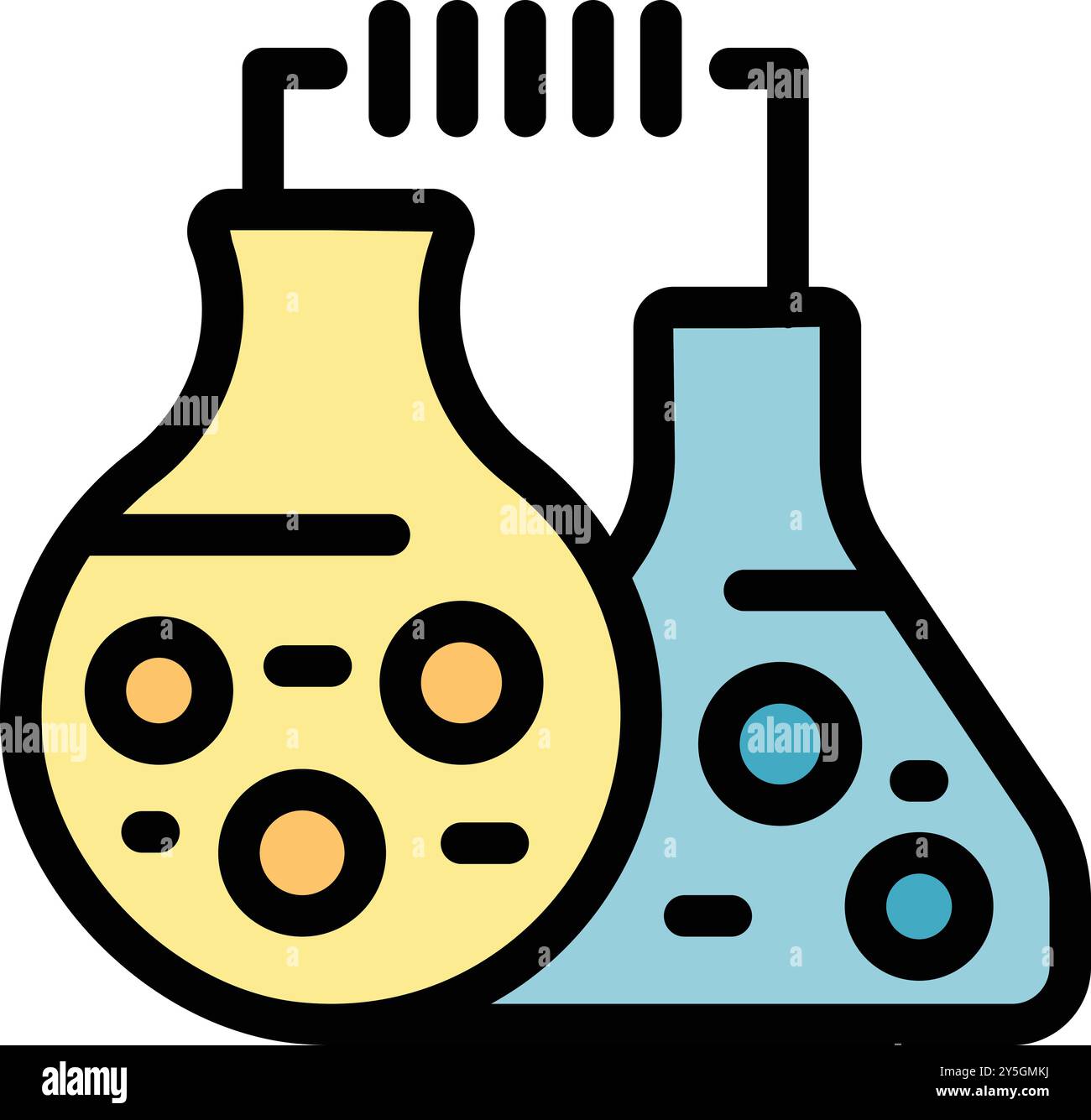 Two laboratory glassware flasks are conducting a chemical experiment ...