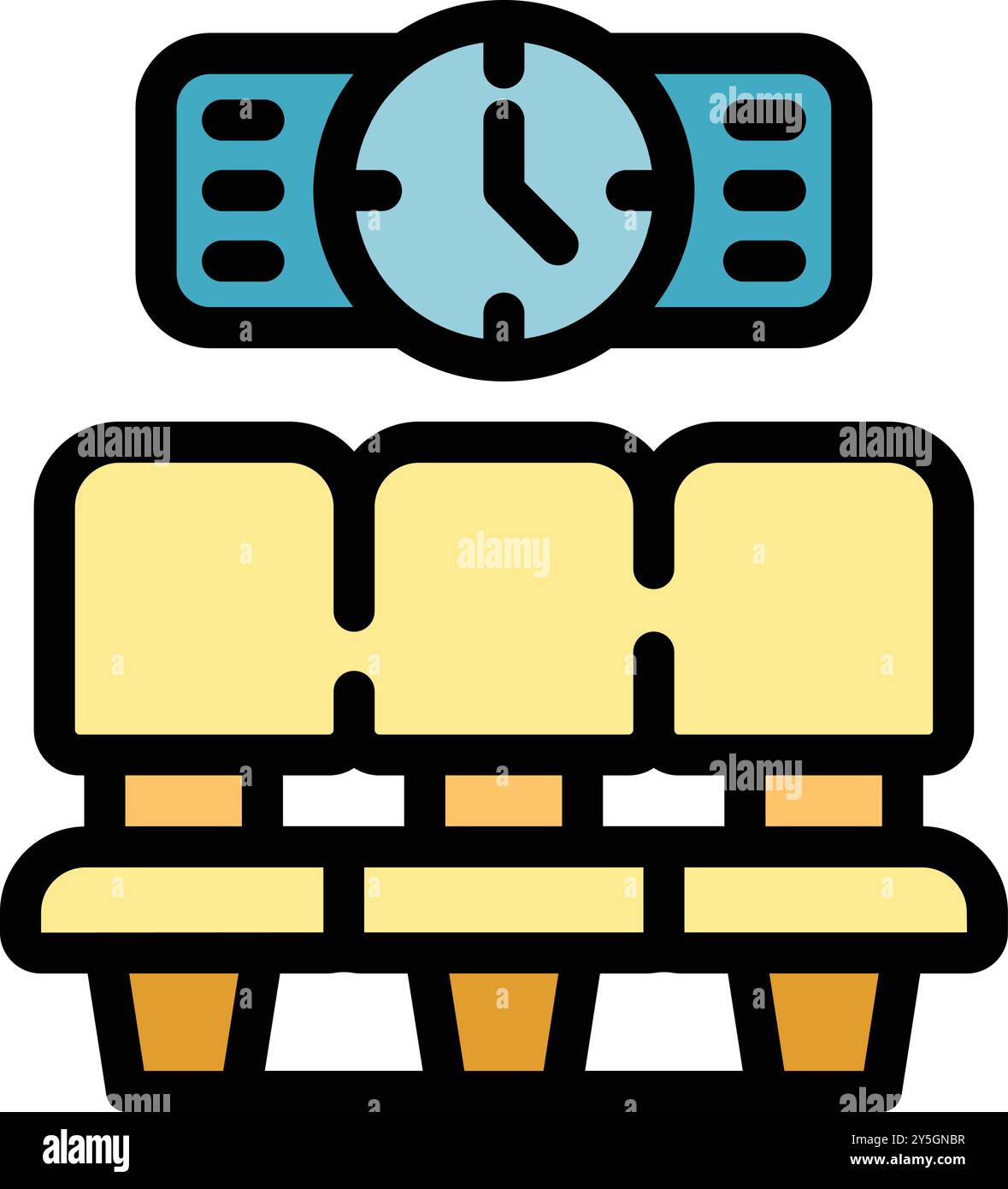 Clock showing time passing slowly in a waiting room with empty chairs ...