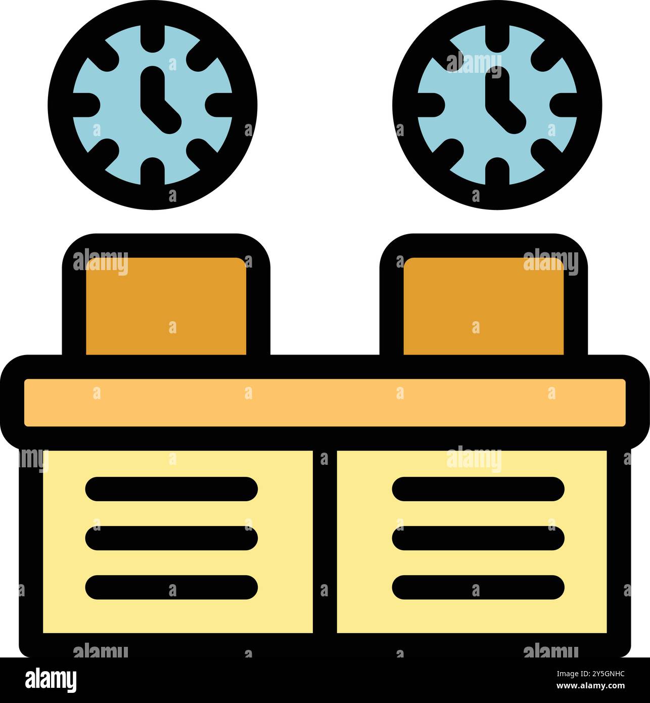 Two workstations with clocks indicating working hours in a modern ...