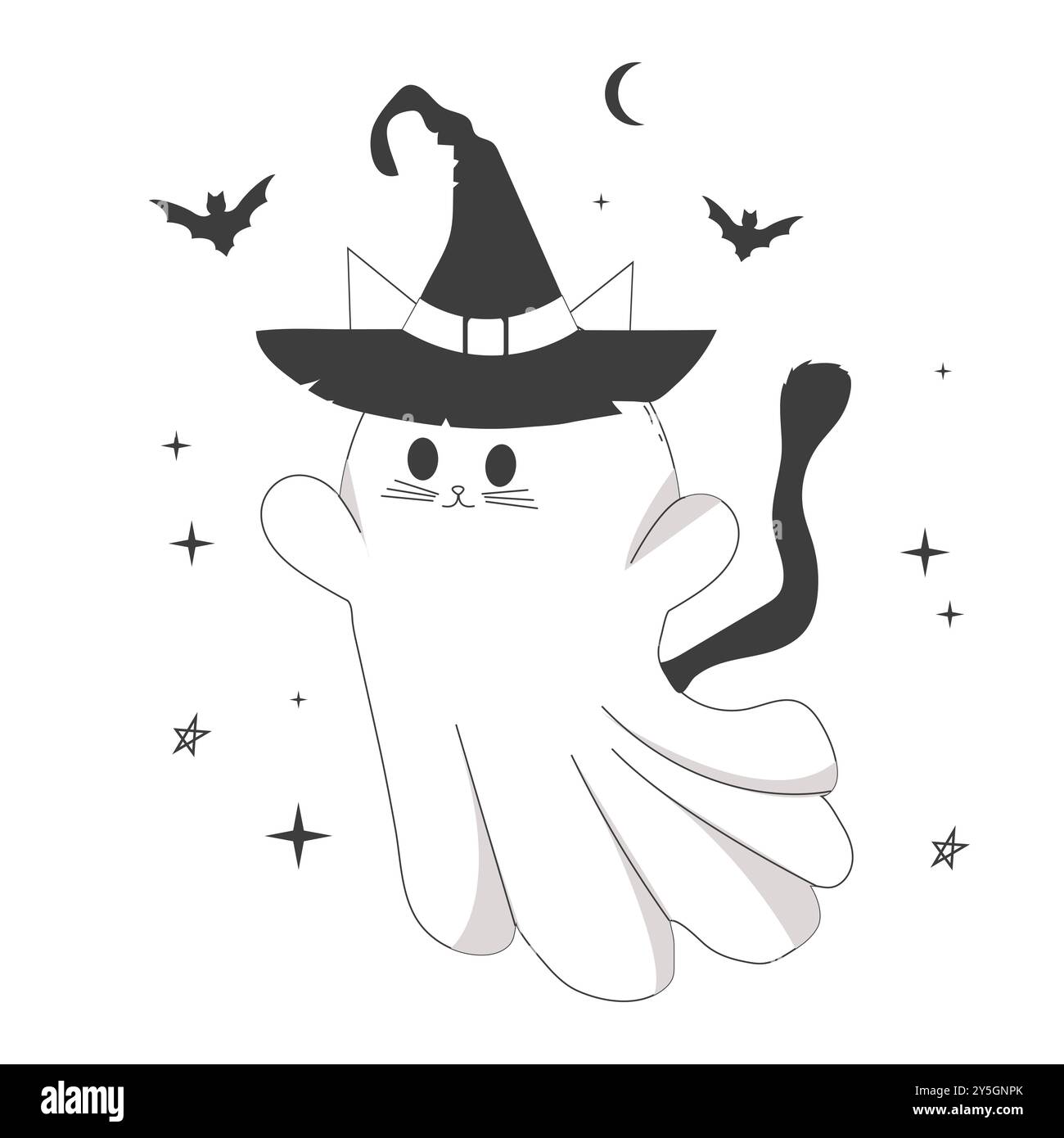 Halloween ghost cat with witch hat, cute doodle character in costume ...