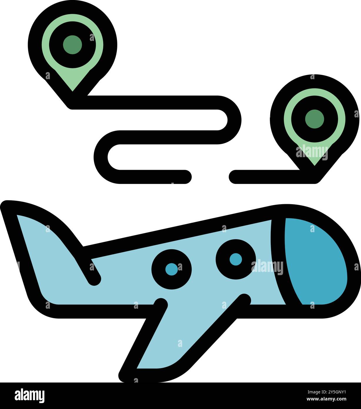 Airplane following flight path to destination with location pin symbol ...