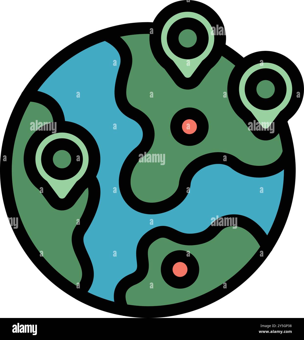 Stylized cartoon globe highlighting different locations with map pins ...