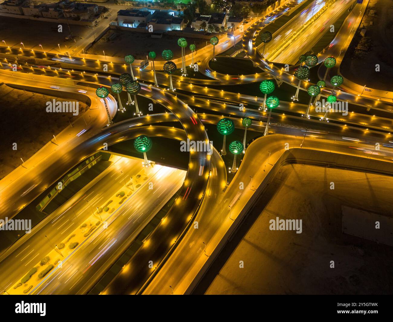 Drone photo of busy motorway The Green Field Riyadh KSA. Night Stock ...