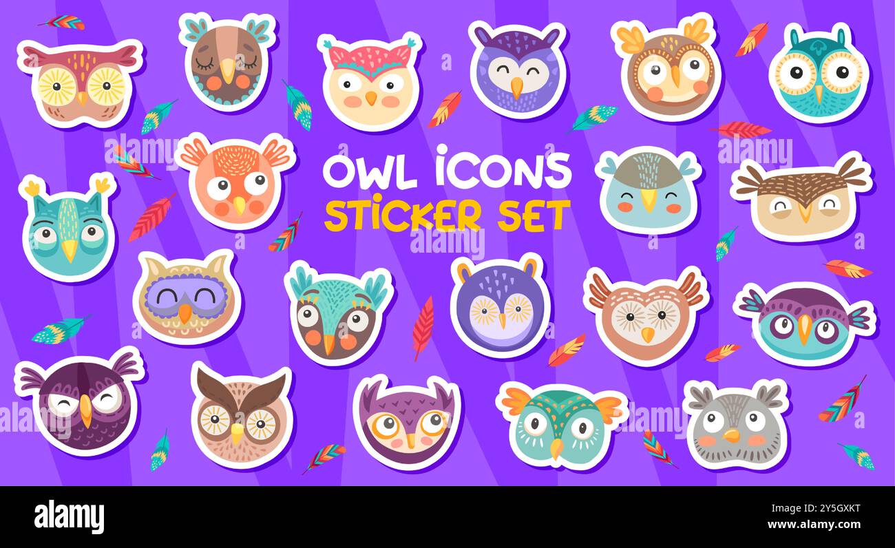 Cartoon owl bird characters stickers pack of funny cute faces, vector ...