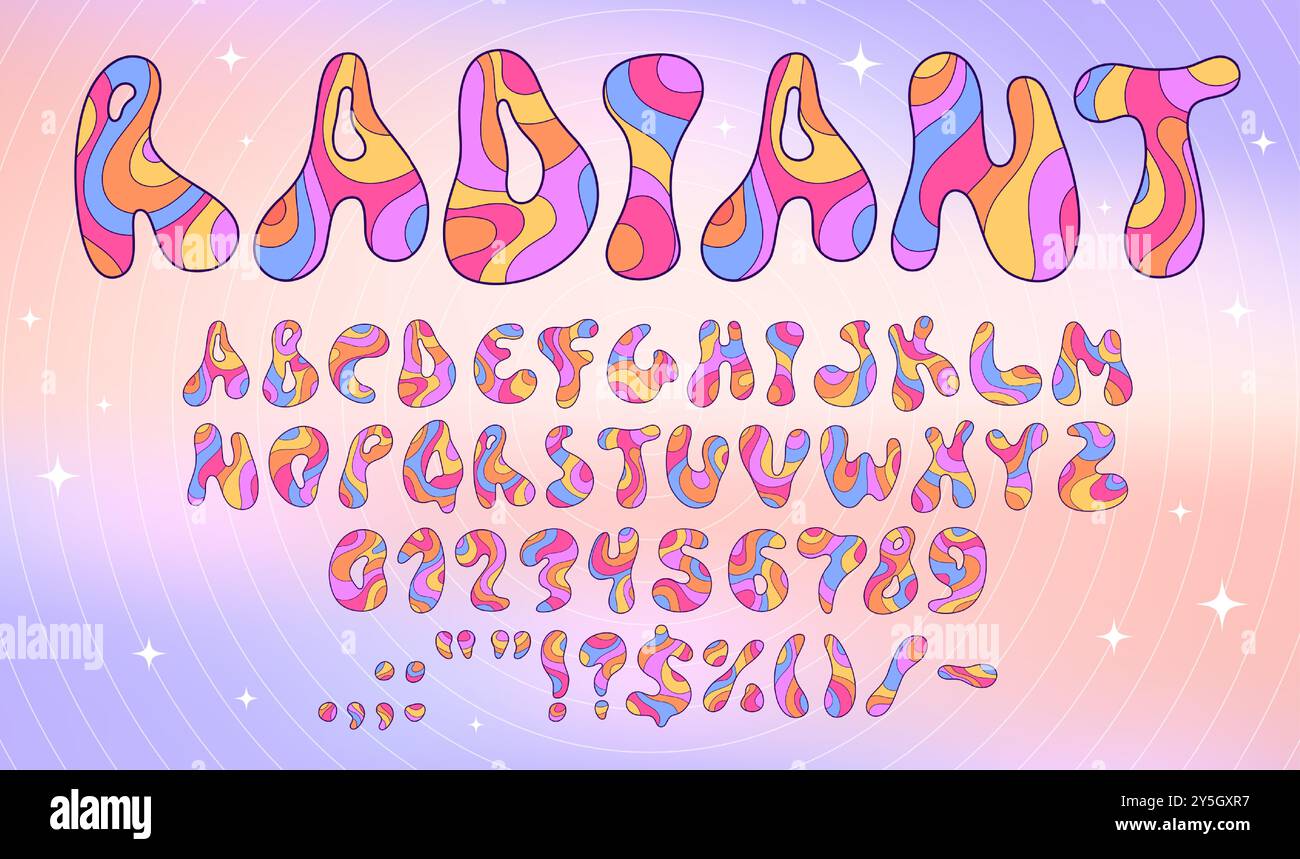 Rainbow retro 60s hippie typeface, groovy font, psychedelic type, bold wave alphabet on funky ...
