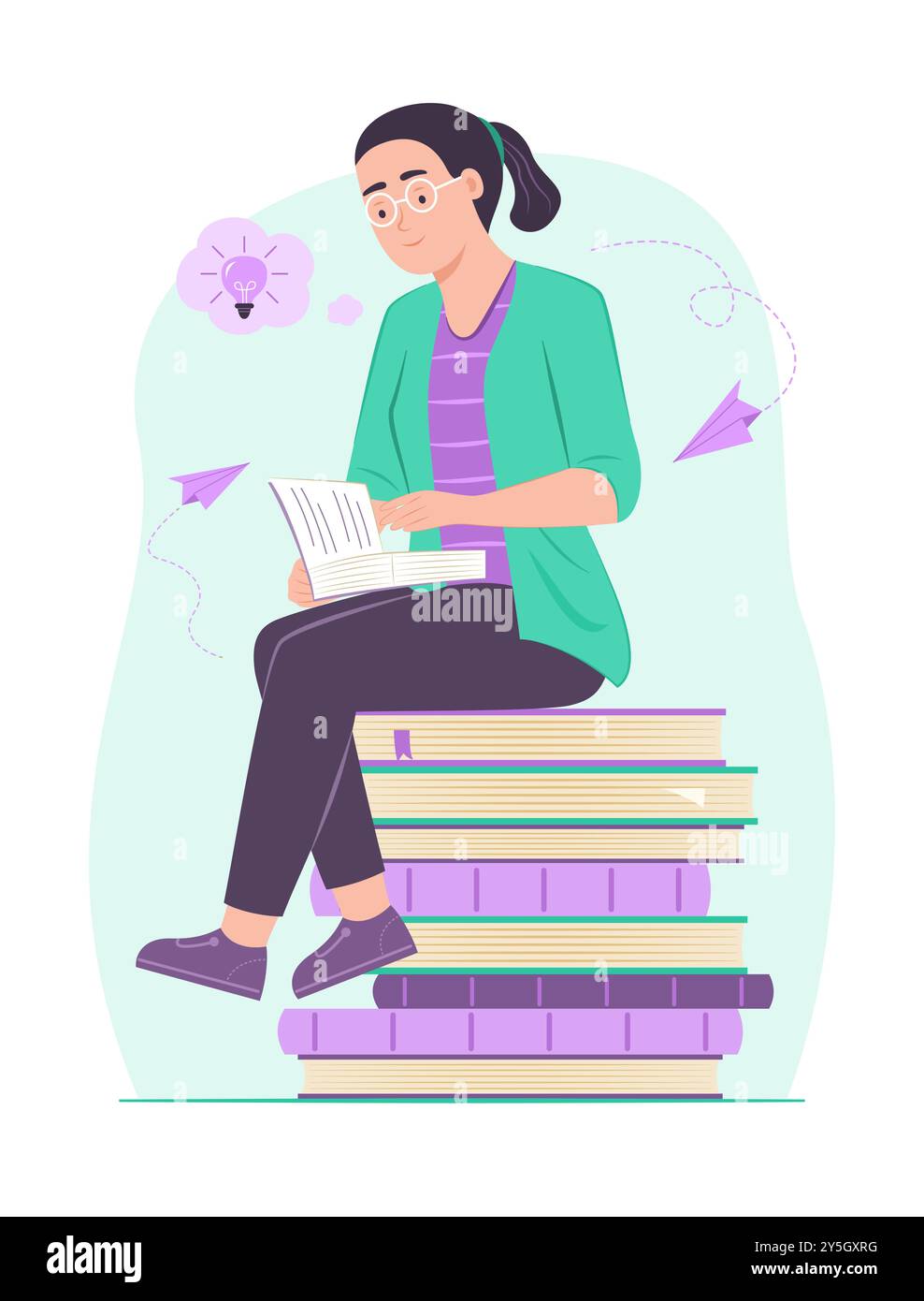 Woman Reading a Book and Thinking Creative Idea while Sitting on Stack ...