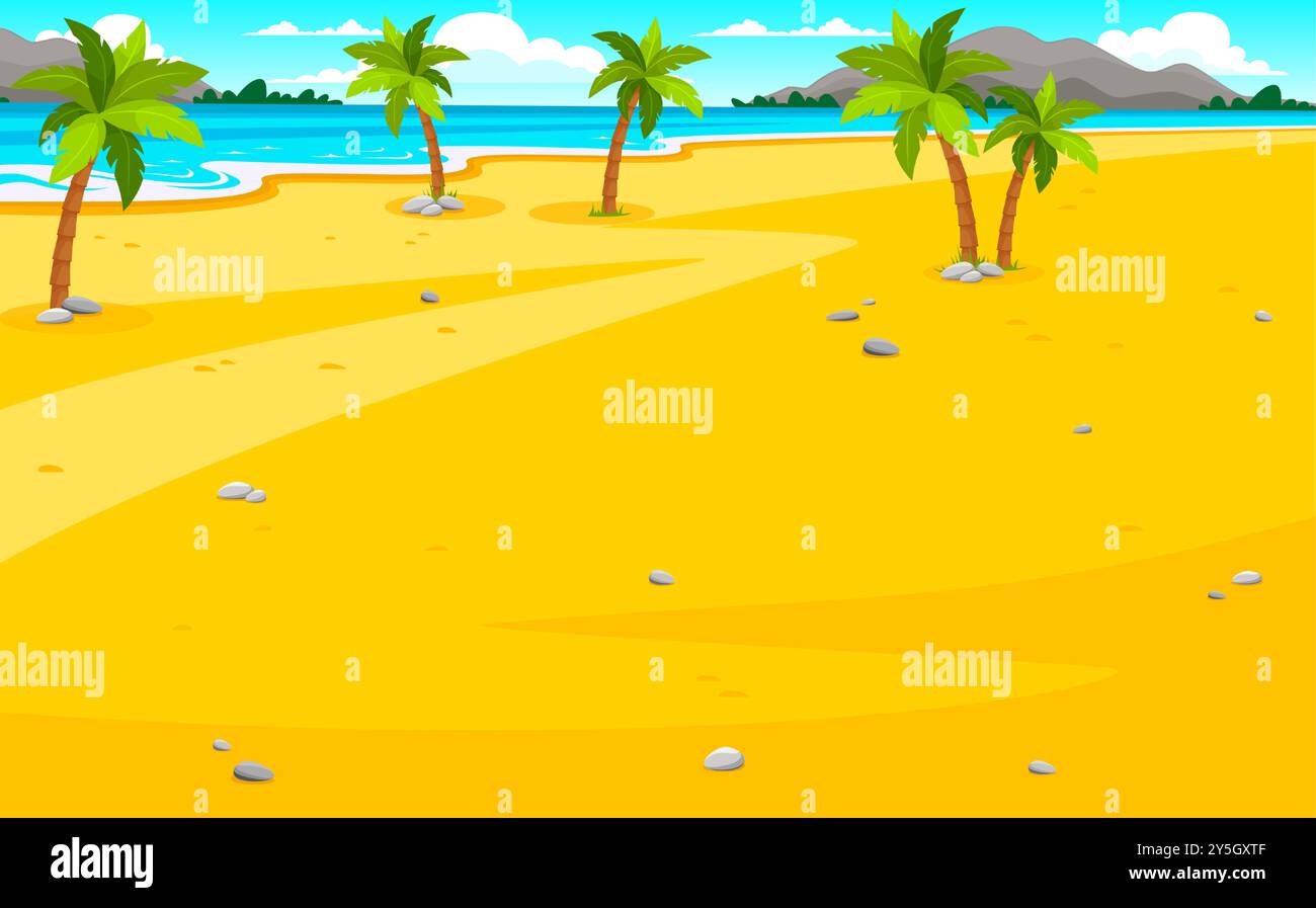 Cartoon tropical summer beach landscape featuring golden sand, palm ...