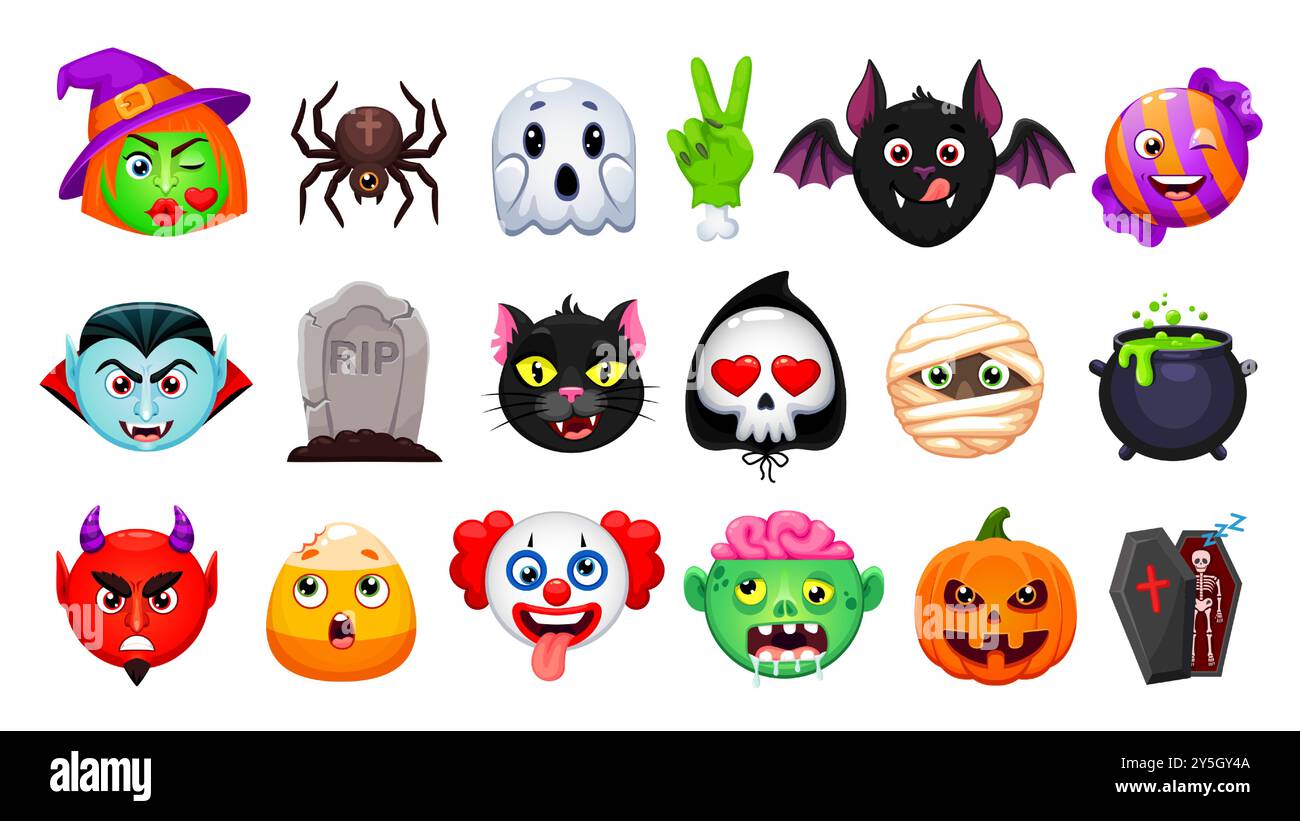 Cartoon Halloween emoji set. Vector zombie, vampire, bat, pumpkin or ...